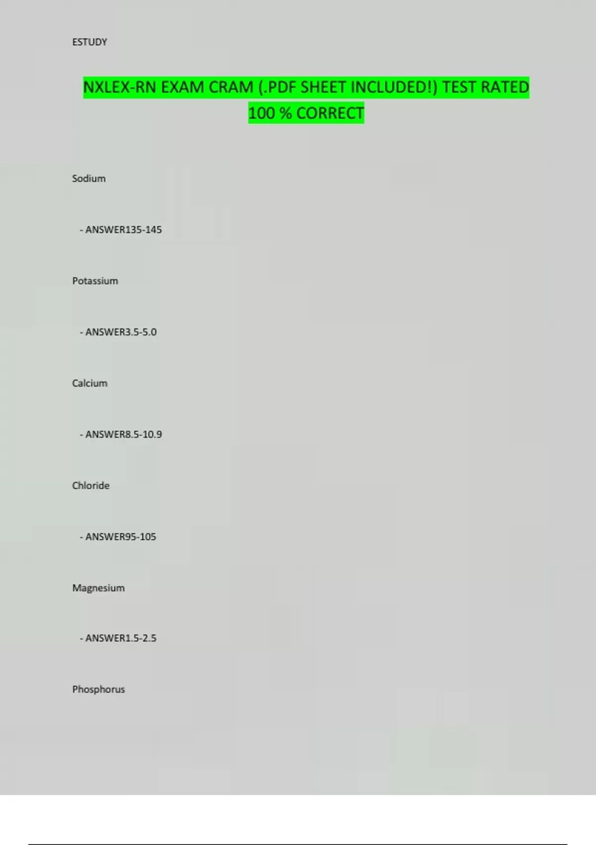 NCLEX-RN EXAM CRAM (.PDF SHEET INCLUDED!) TEST RATED 100 % CORRECT ...