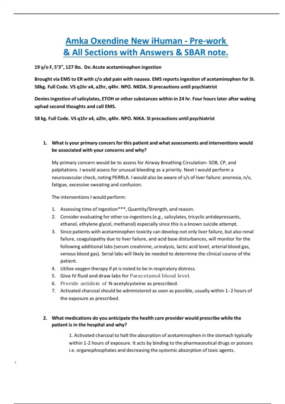 Amka Oxendine New iHuman - Pre-work & All Sections with Answers & SBAR ...