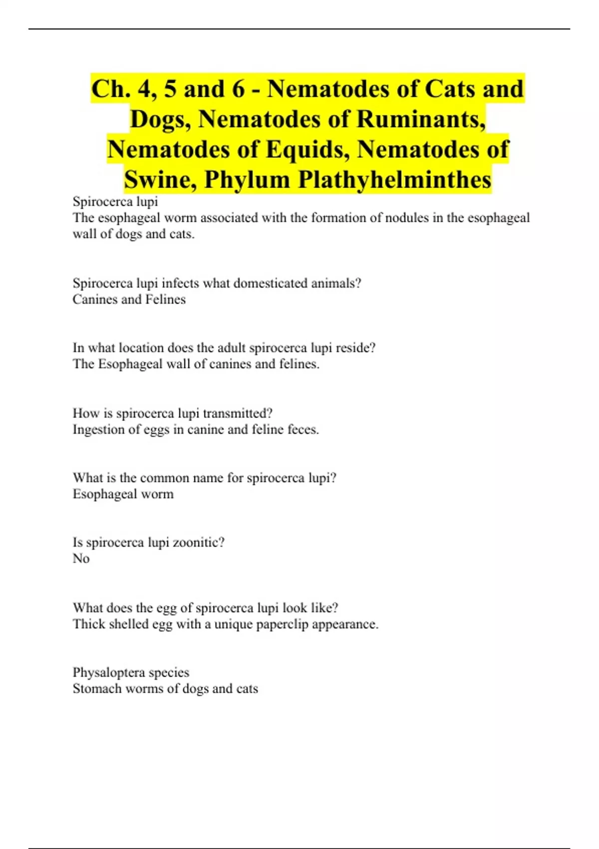 Ch. 4, 5 and 6 - Nematodes of Cats and Dogs, Nematodes of Ruminants ...