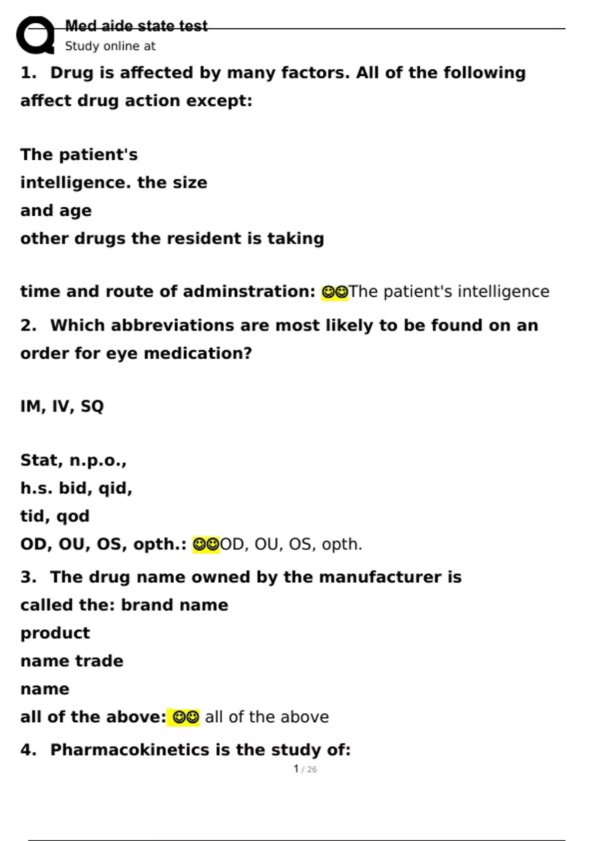 REVISED Medication Aide State Test Questions and Answers (2022/2023 ...