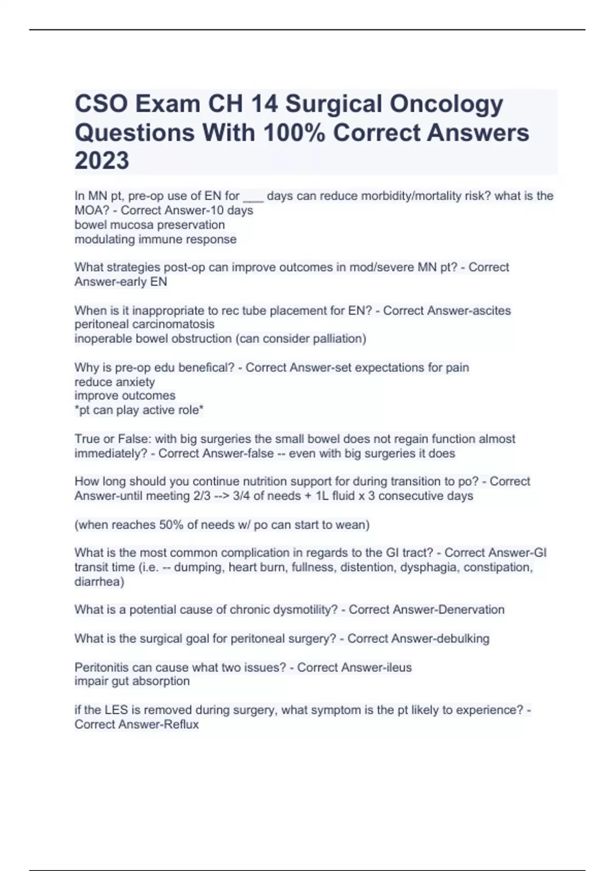 Cso Exam Ch 14 Surgical Oncology Questions With 100 Correct Answers 2023 Cso Stuvia Us