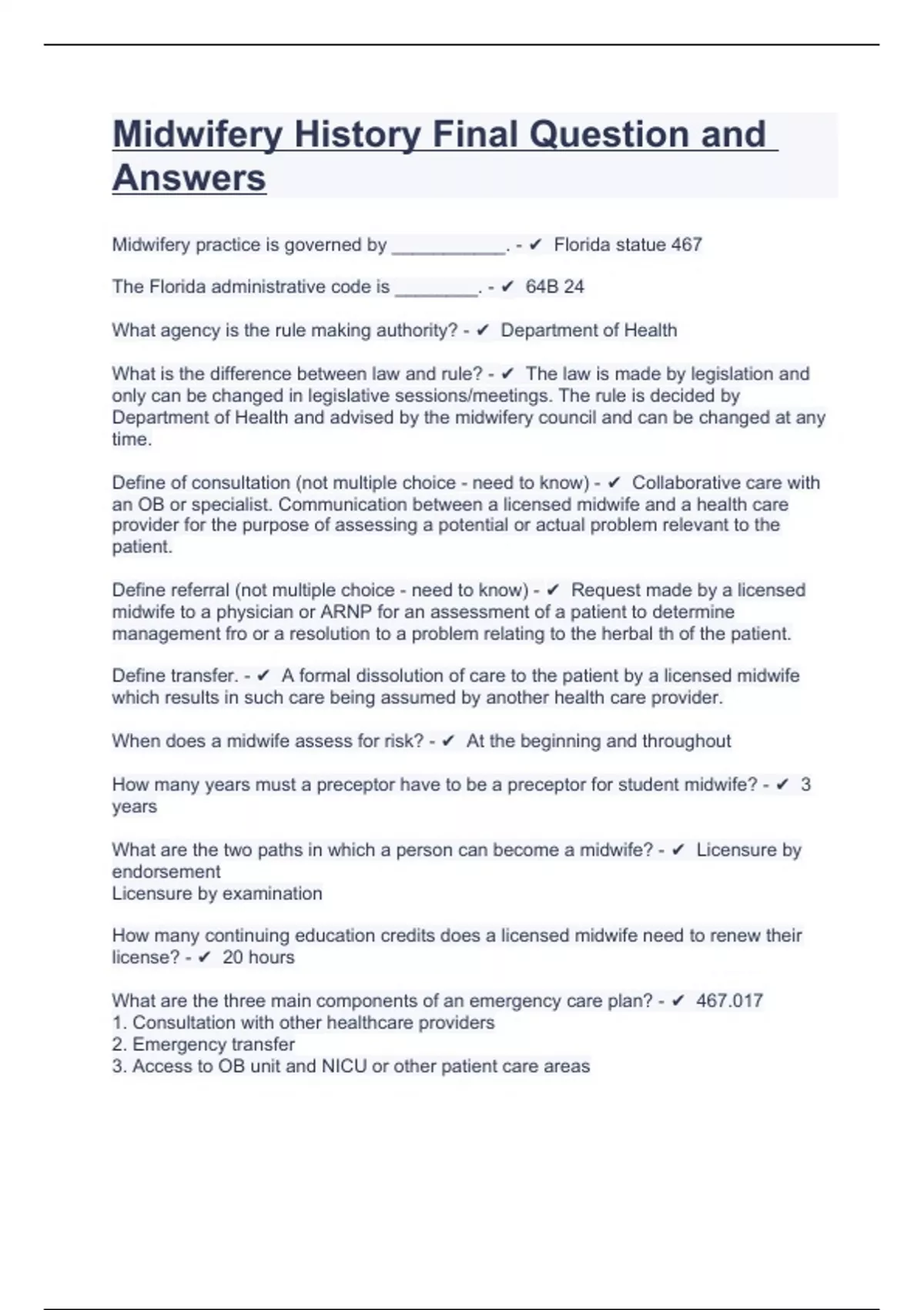 Midwifery History Final Question and Answers. - Midwife - Stuvia US
