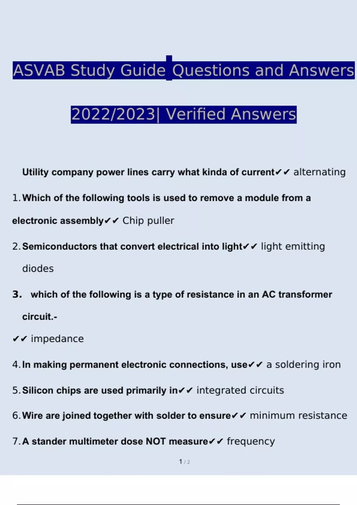 ASVAB Study Guide Questions and Answers 2022/2023 | 100% Correct ...