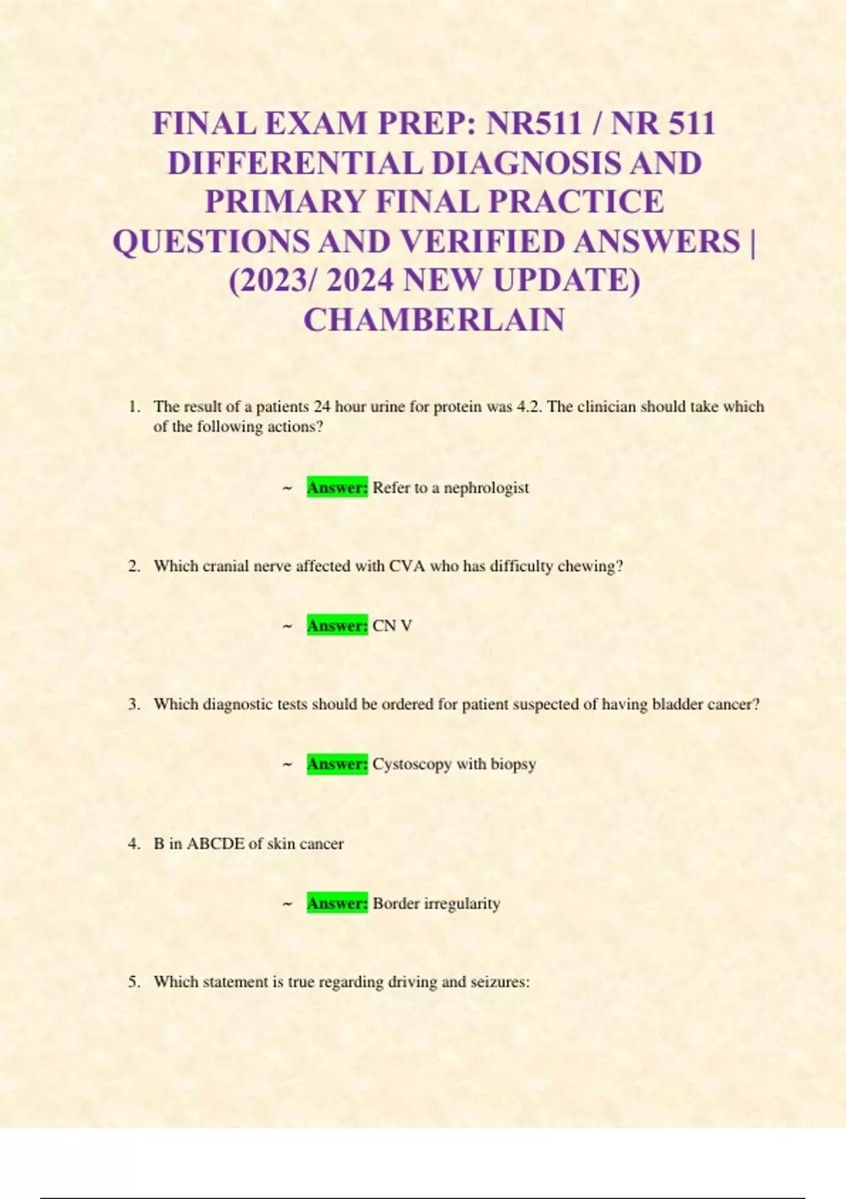 FINAL EXAM PREP: NR511 / NR 511 DIFFERENTIAL DIAGNOSIS AND PRIMARY ...