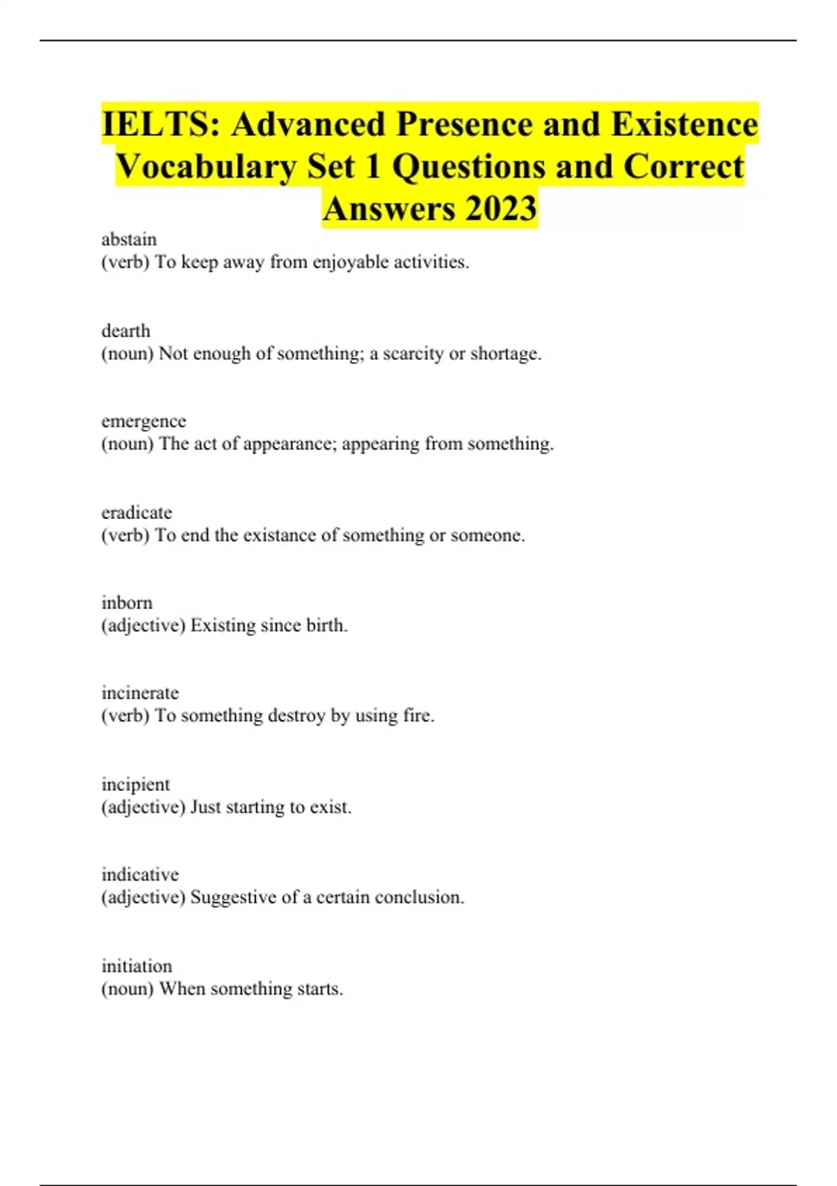 IELTS: Advanced Presence and Existence Vocabulary Set 1 Questions and ...