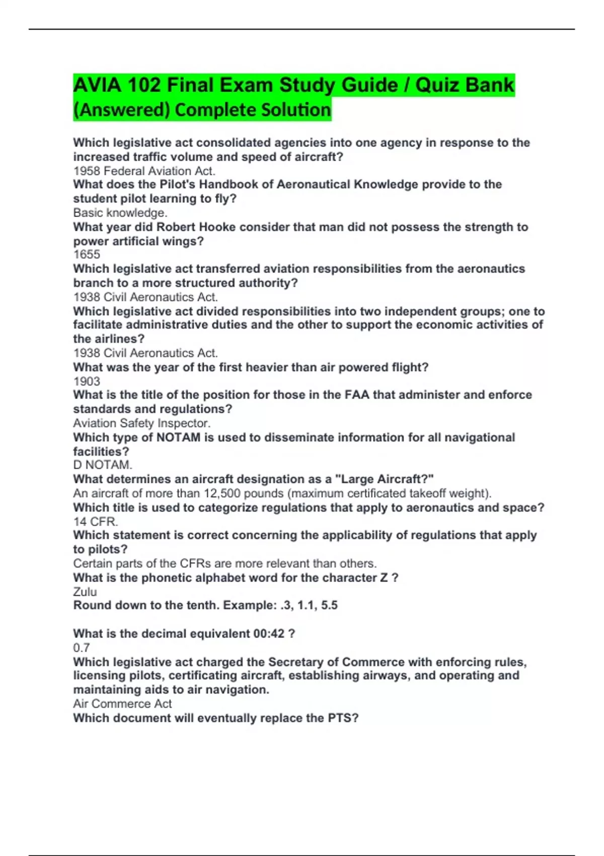 AVIA 102 Final Exam Study Guide / Quiz Bank (Answered) Complete Solution - AVIA 102 - Stuvia US