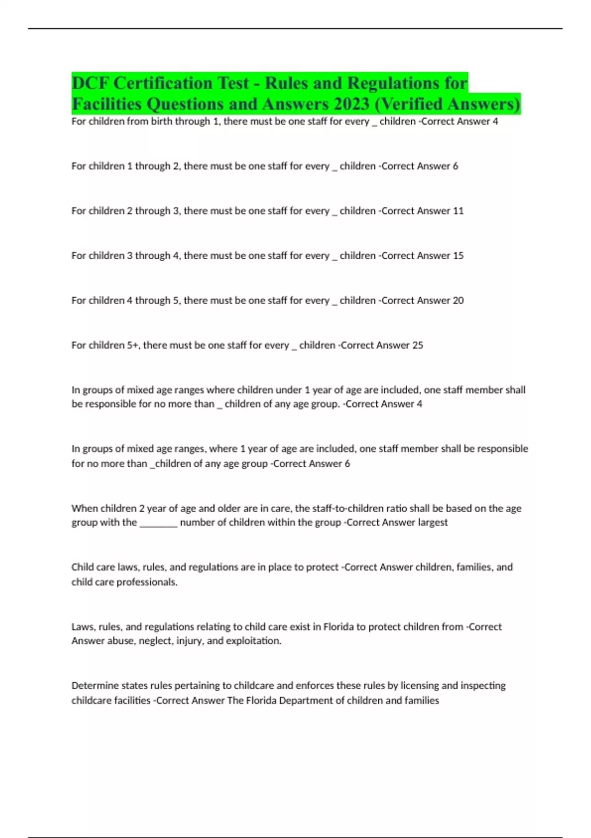 DCF Certification Test - Rules and Regulations for Facilities Questions ...