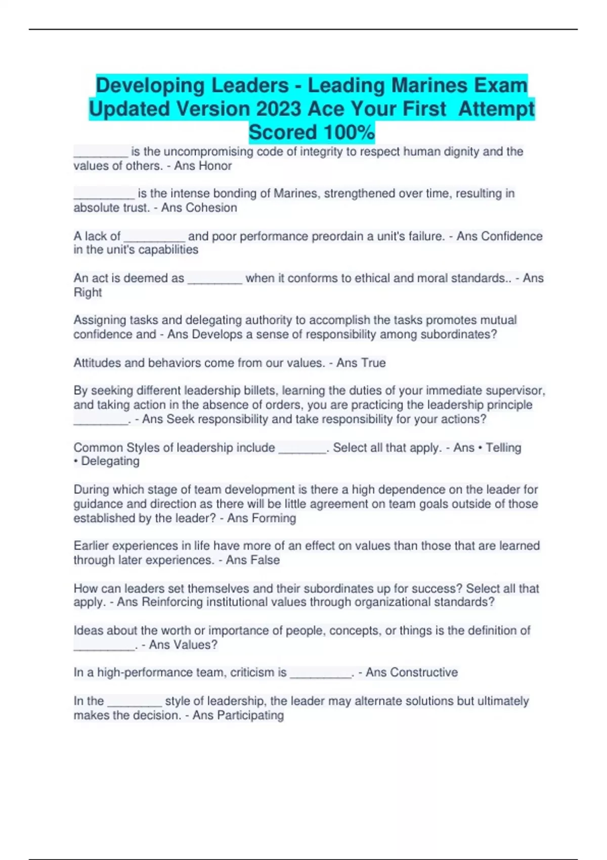 Developing Leaders - Leading Marines Exam Updated Version 2023 Ace Your ...