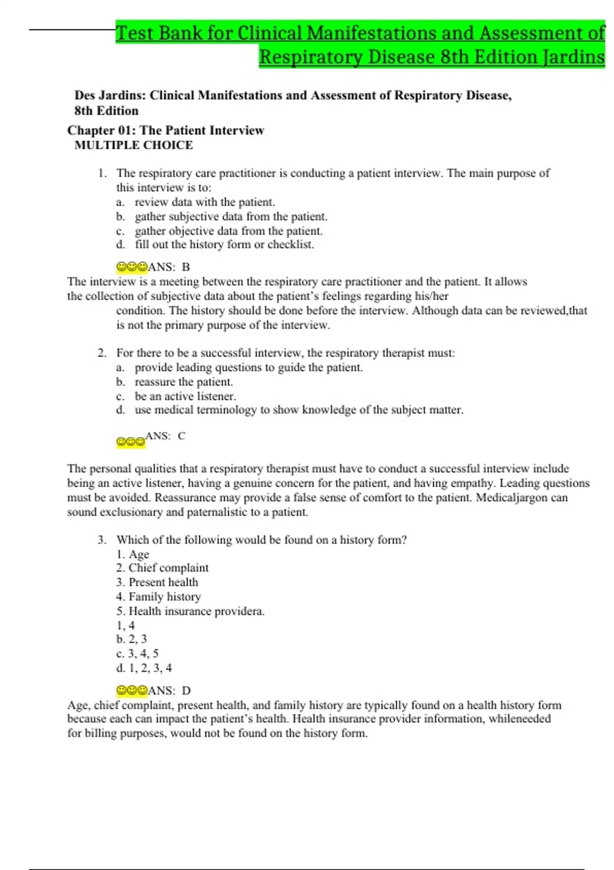TEST BANK For Clinical Manifestations and Assessment of Respiratory ...