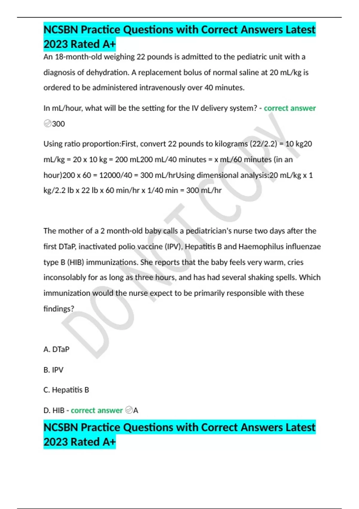 NCSBN Practice Questions with Correct Answers Latest 2023 Rated A+ ...