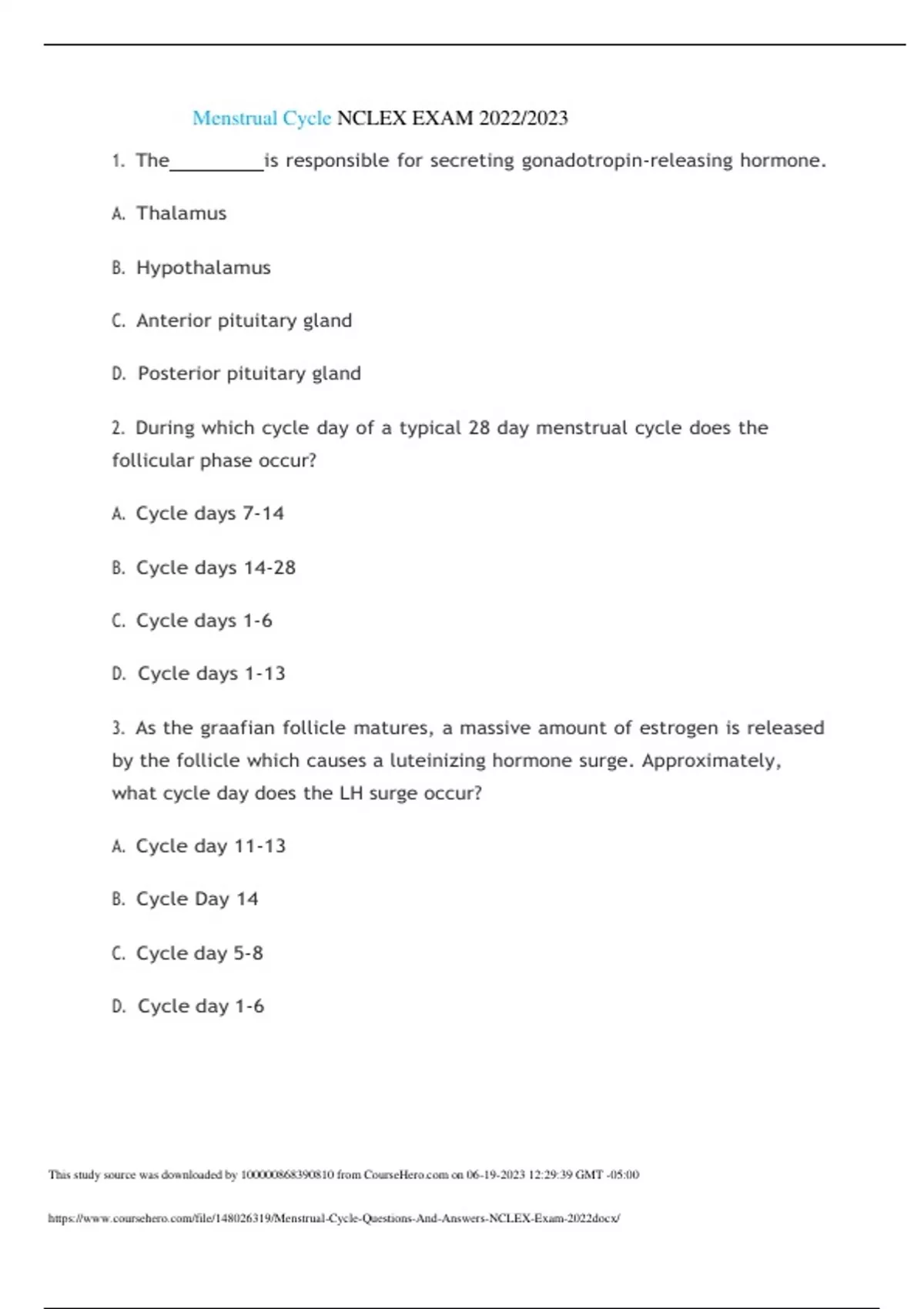 Menstrual Cycle NCLEX EXAM 2022/2023 - NURSING - Stuvia US