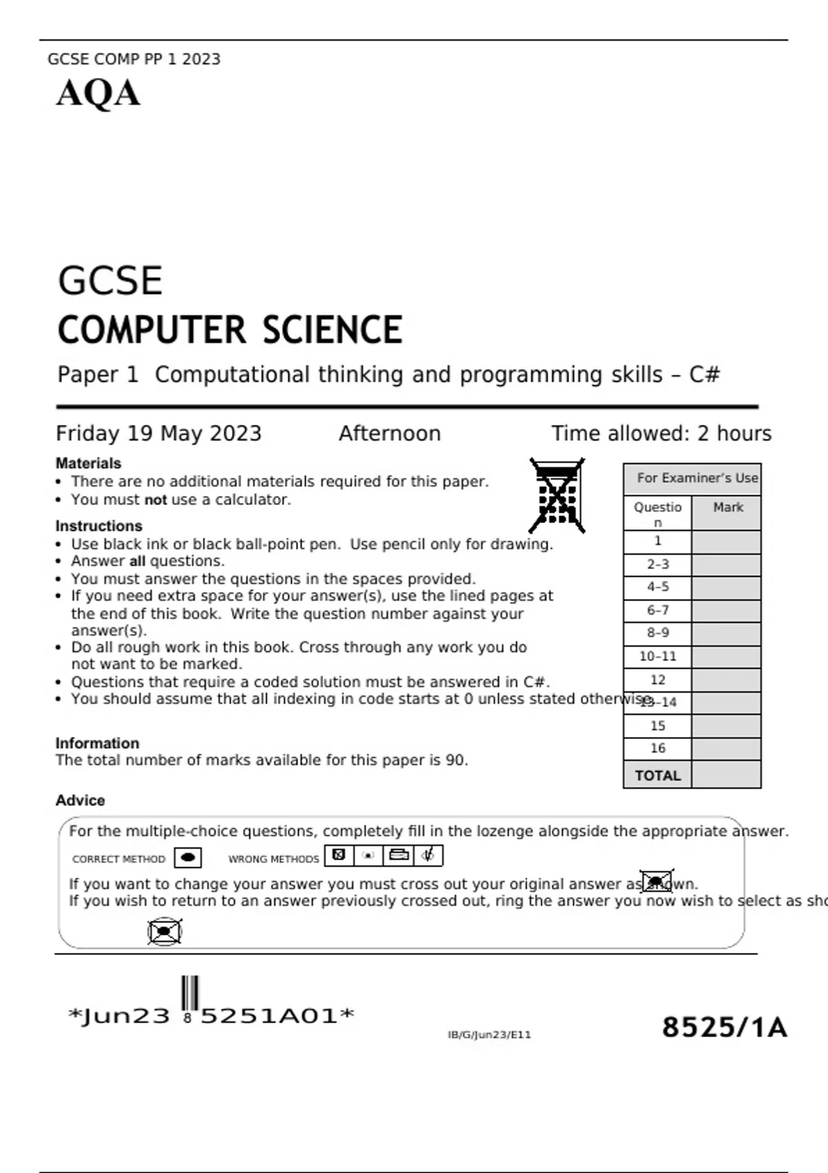 Aqa Gcse Computer Science Paper 1 Computational Thinking And Programming Skills C May 2023