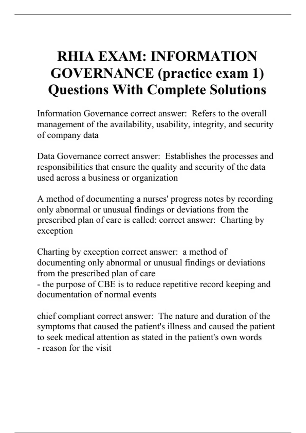 RHIA EXAM: INFORMATION GOVERNANCE (practice exam 1) Questions With ...