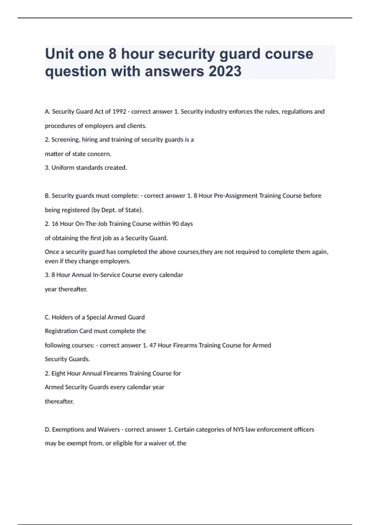 Unit one 8 hour security guard course question with answers 2023 ...