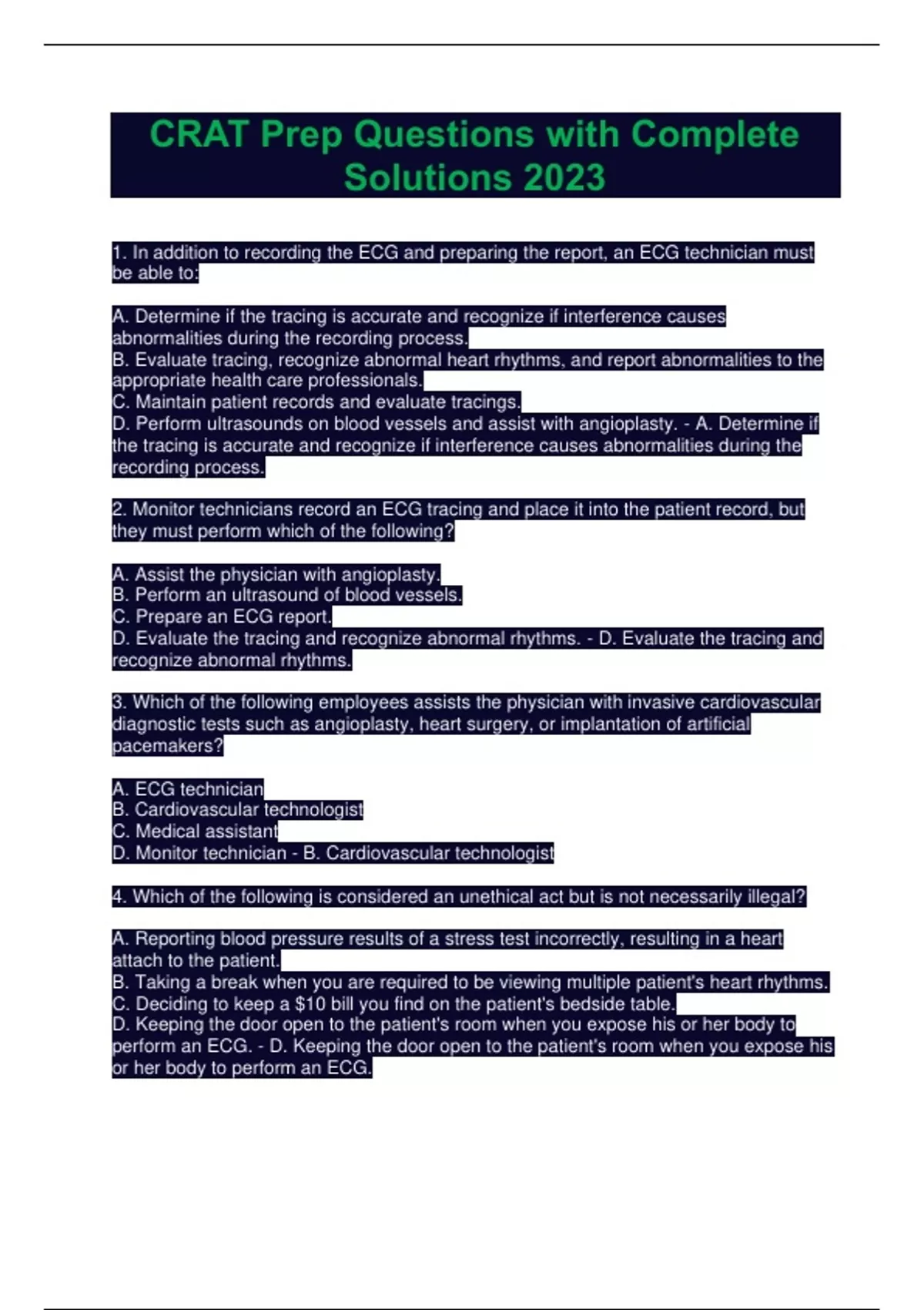 CRAT Prep Questions with Complete Solutions 2023 - CRAT - Stuvia US