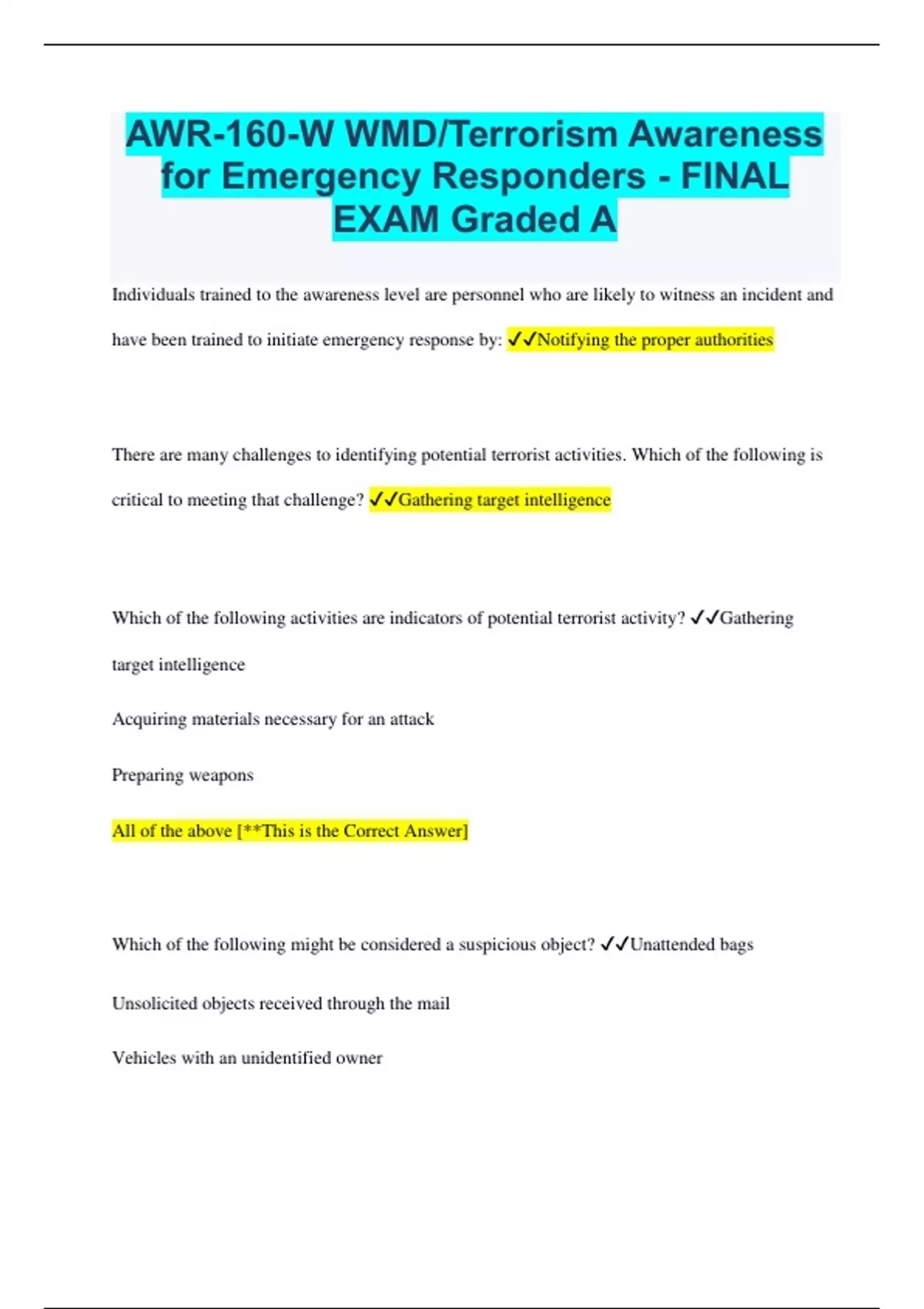 AWR-160-W WMD/Terrorism Awareness for Emergency Responders - FINAL EXAM Graded A - AWR-160-W WMD ...