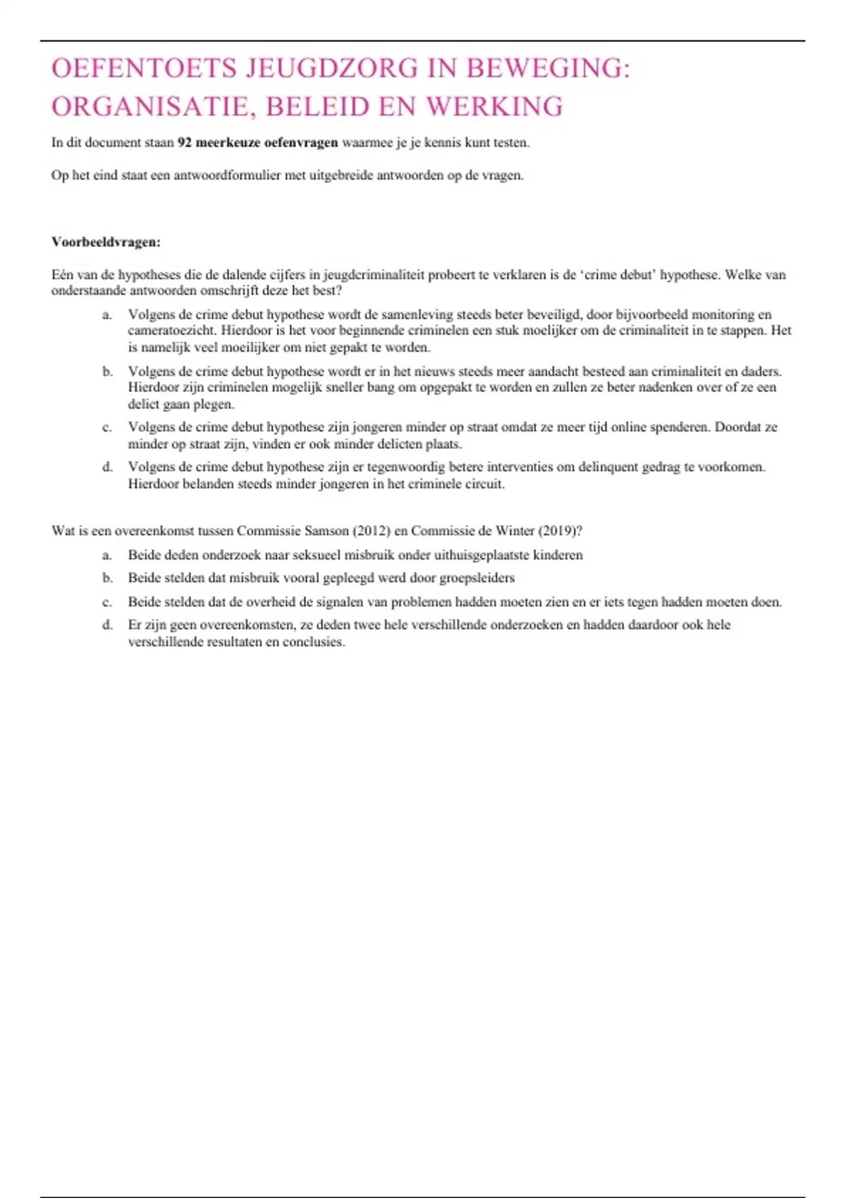 Oefentoets Jeugdzorg in beweging: organisatie, beleid en werking (6472JEUGD) - Jeugdzorg in ...