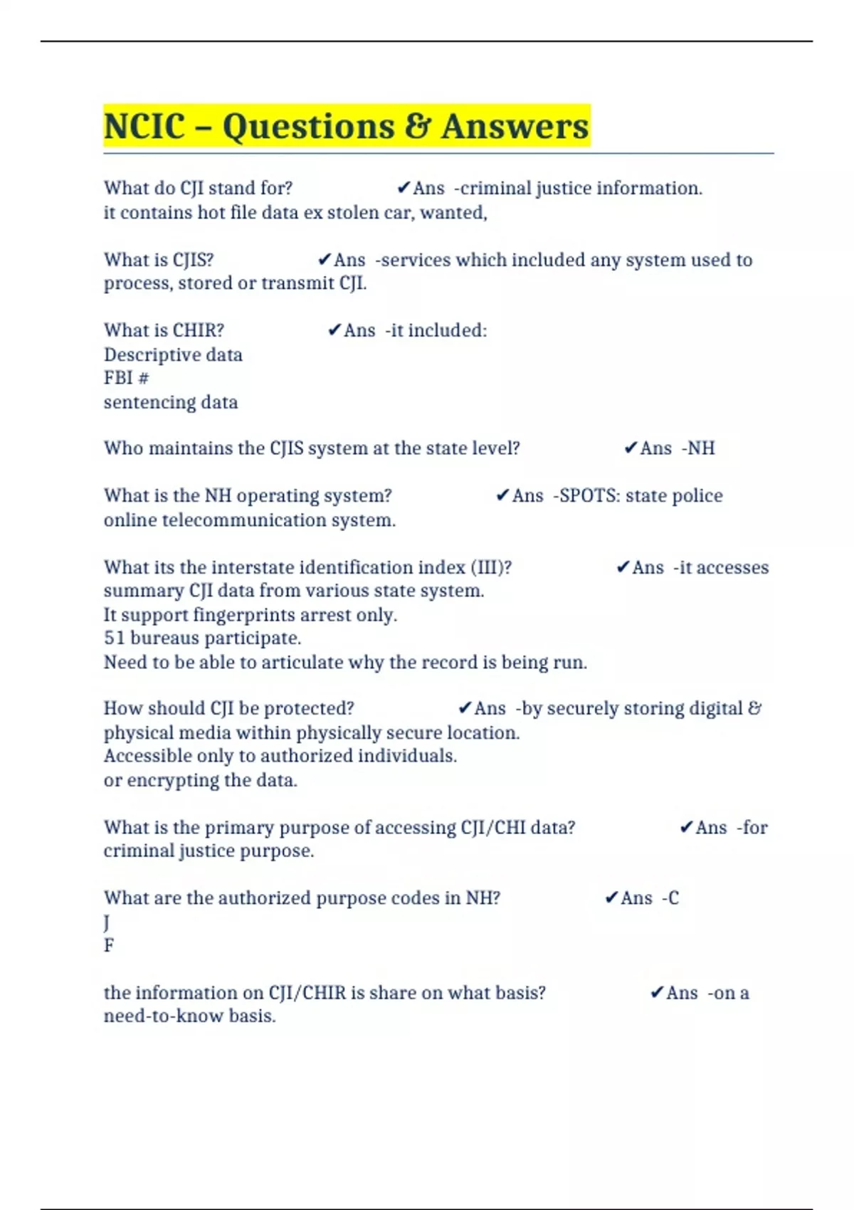 NCIC – Questions & Answers - NCIC - Stuvia US