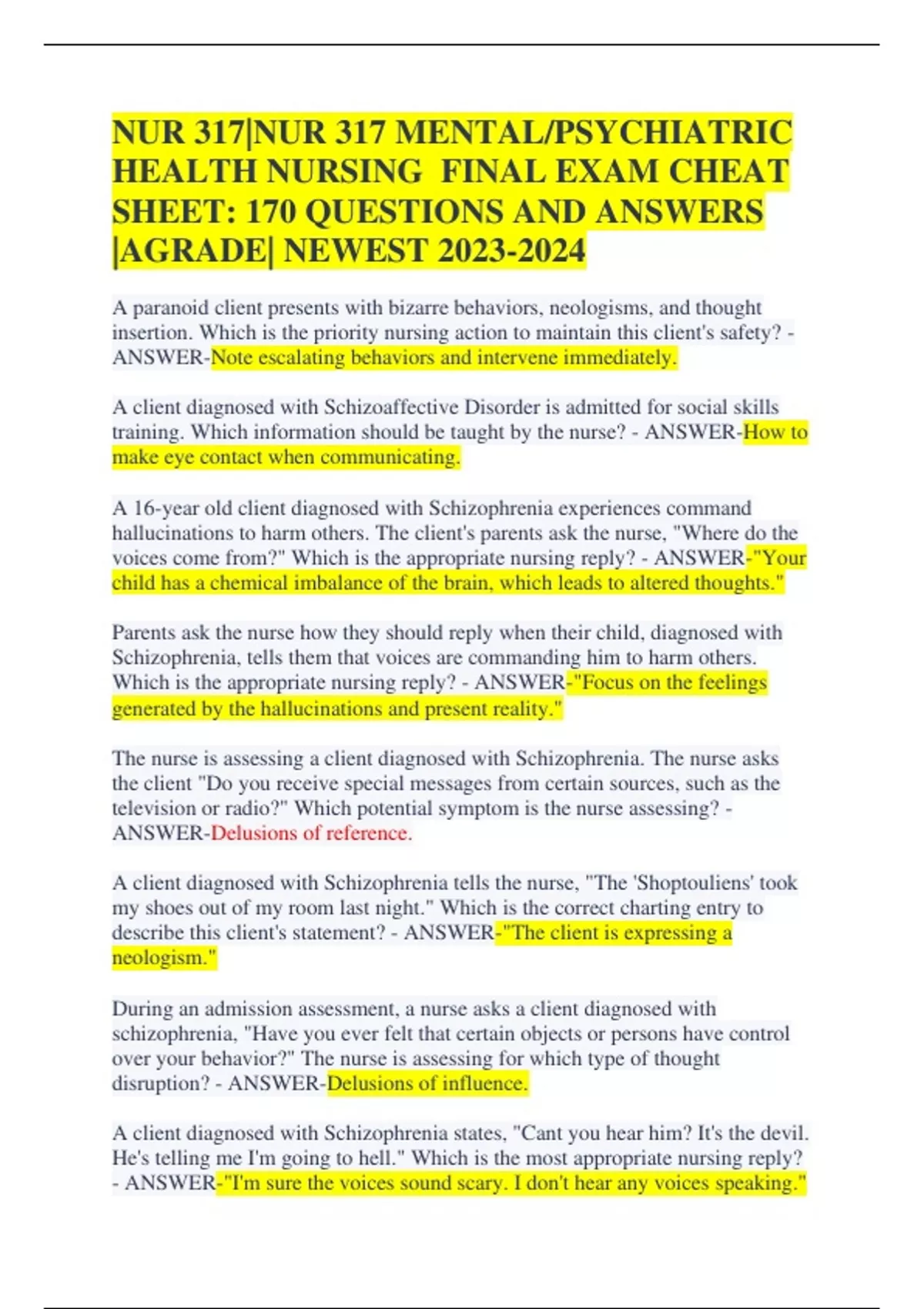 NUR 317|NUR 317 MENTAL/PSYCHIATRIC HEALTH NURSING FINAL EXAM CHEAT ...