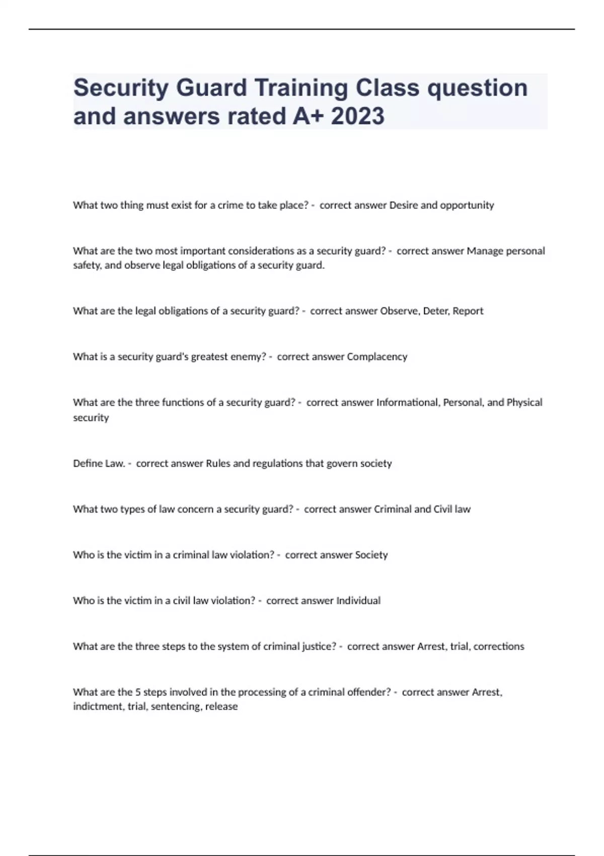 Security Guard Training Class question and answers rated A+ 2023 ...