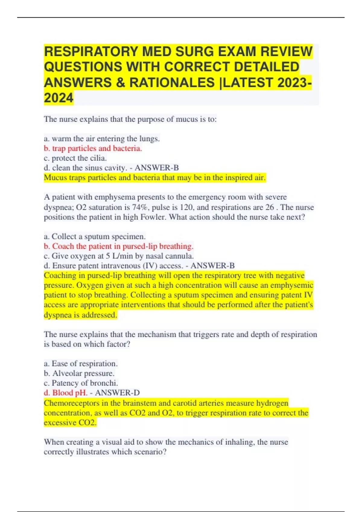 RESPIRATORY MED SURG EXAM REVIEW QUESTIONS WITH CORRECT DETAILED ...