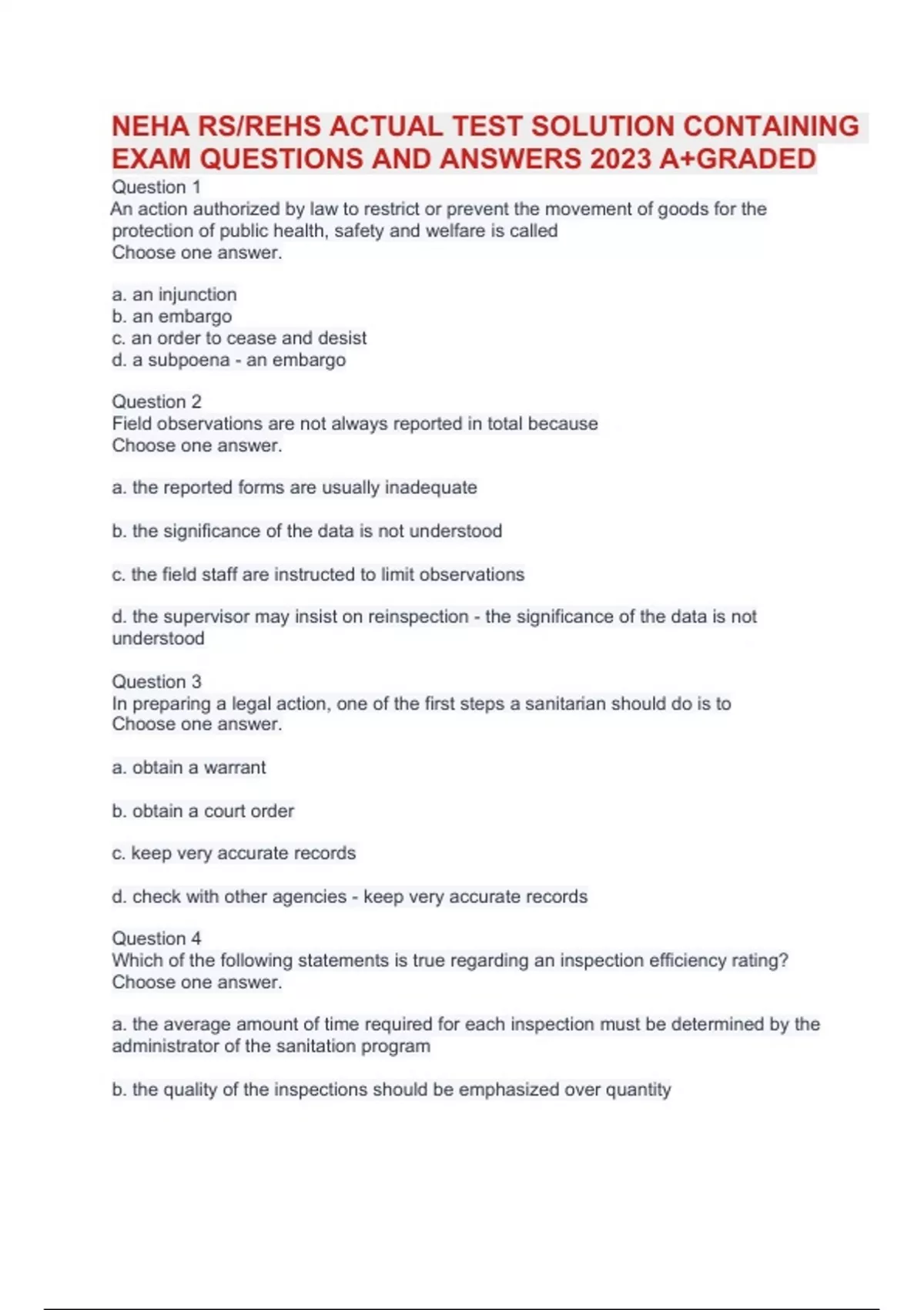 NEHA RS/REHS ACTUAL TEST SOLUTION CONTAINING EXAM QUESTIONS AND ANSWERS ...