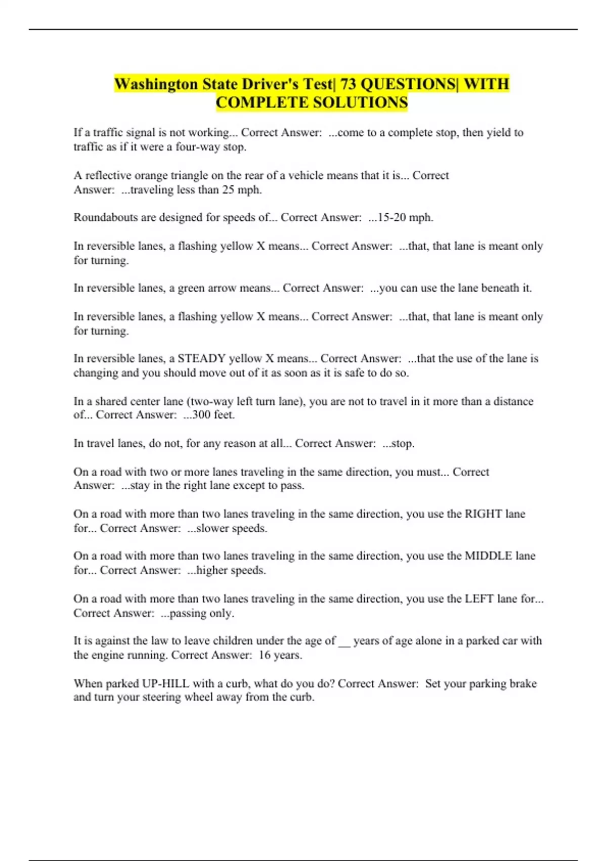 Washington State Driver's Test| 73 QUESTIONS| WITH COMPLETE SOLUTIONS ...