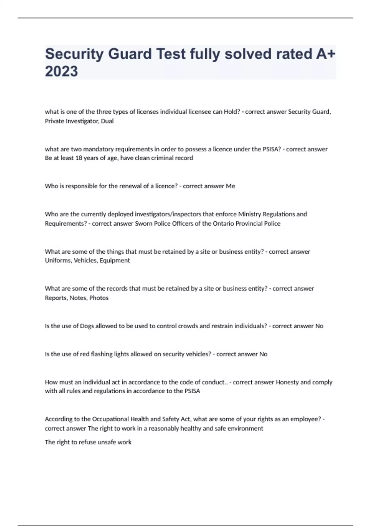 Security Guard Test fully solved rated A+ 2023 - Guard card - Stuvia US