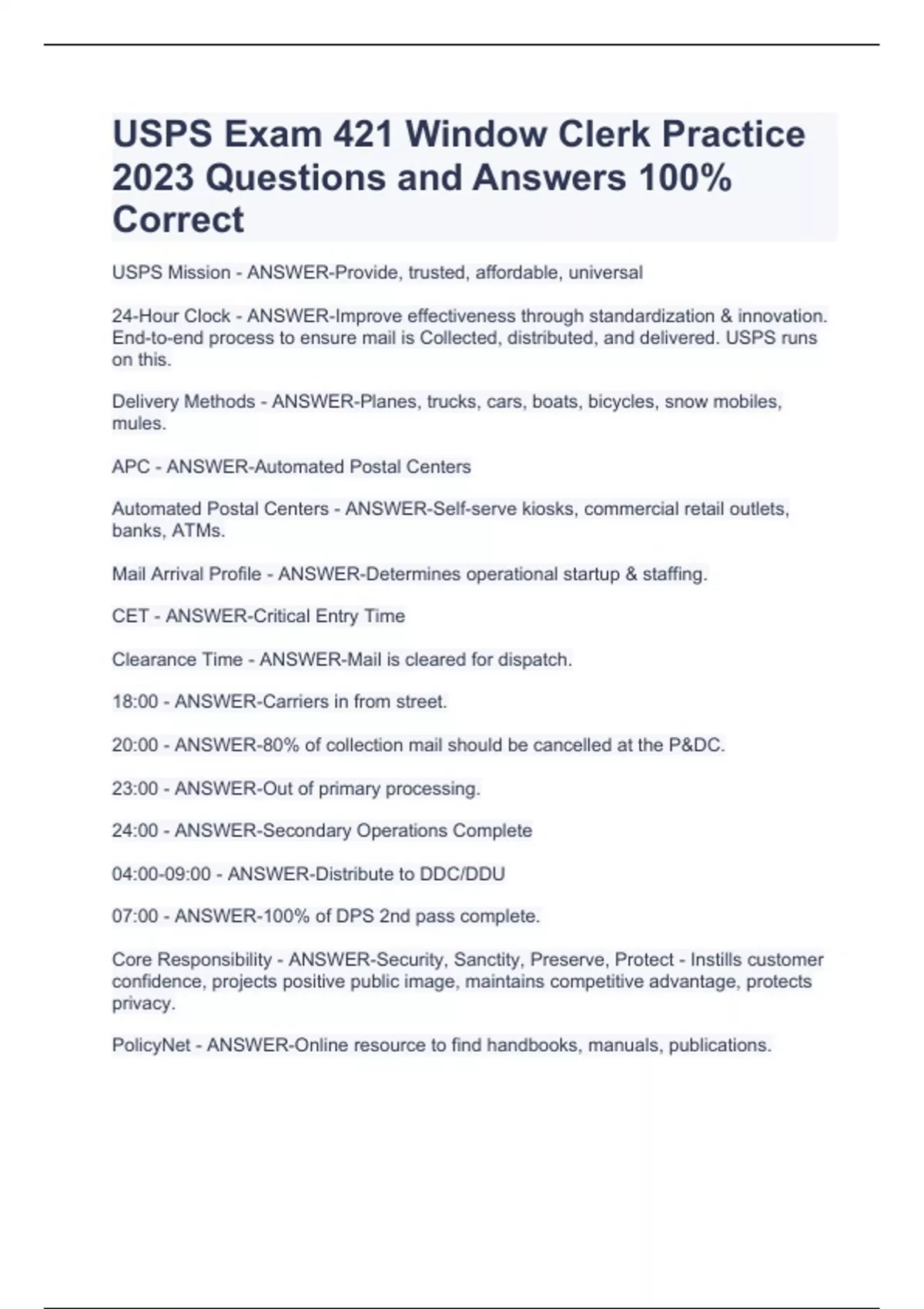 USPS Exam 421 Window Clerk Practice 2023 Questions and Answers 100% Correct - USPS 421 Window ...