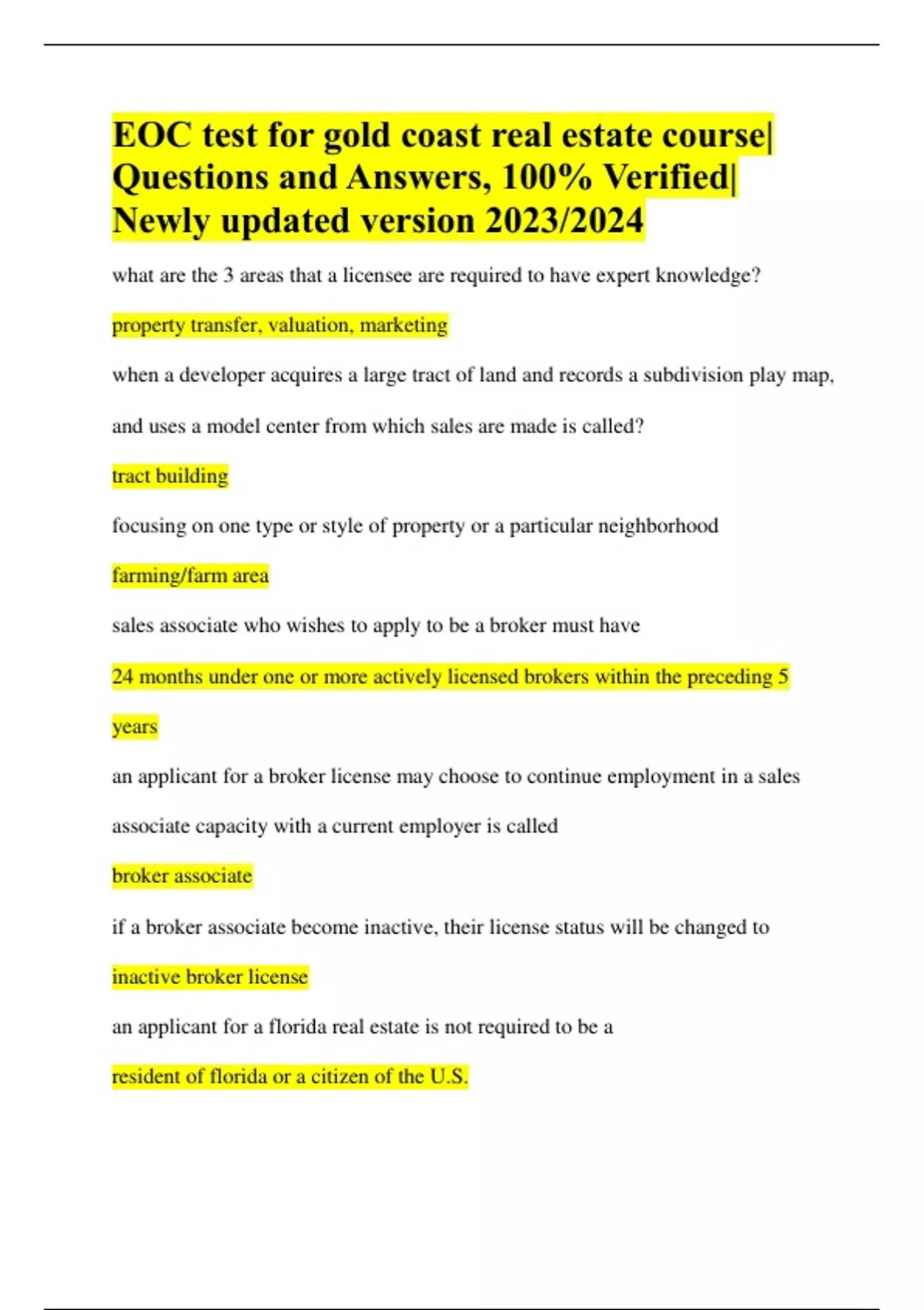 EOC test for gold coast real estate course|Questions and Answers, 100% ...