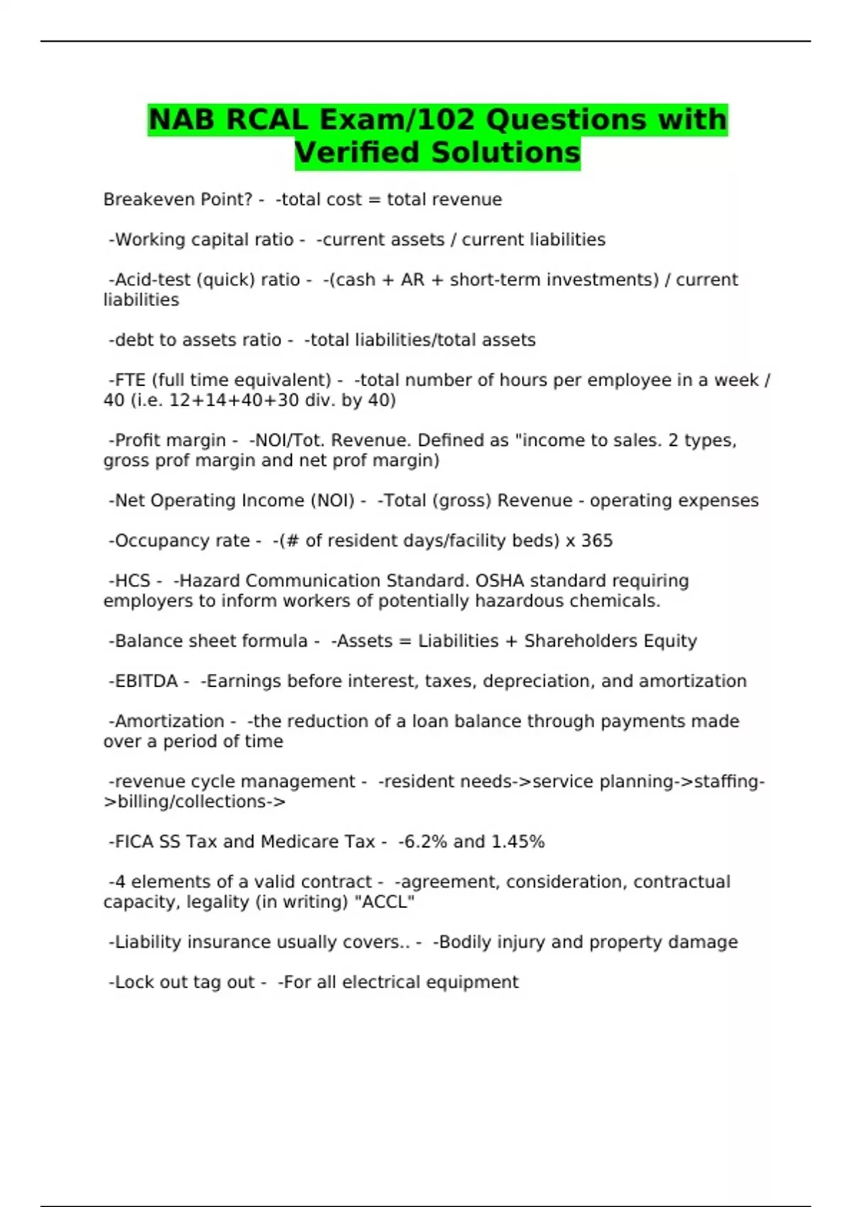 NAB RCAL Exam/102 Questions with Verified Solutions - NAB RCAL - Stuvia US