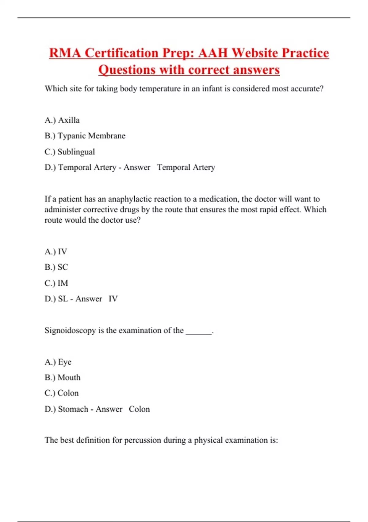 RMA Certification Prep: AAH Website Practice Questions with correct ...