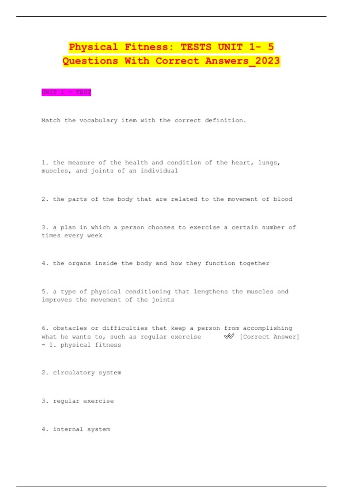 Physical Fitness: TESTS UNIT 1- 5 Questions With Correct Answers_2023 ...