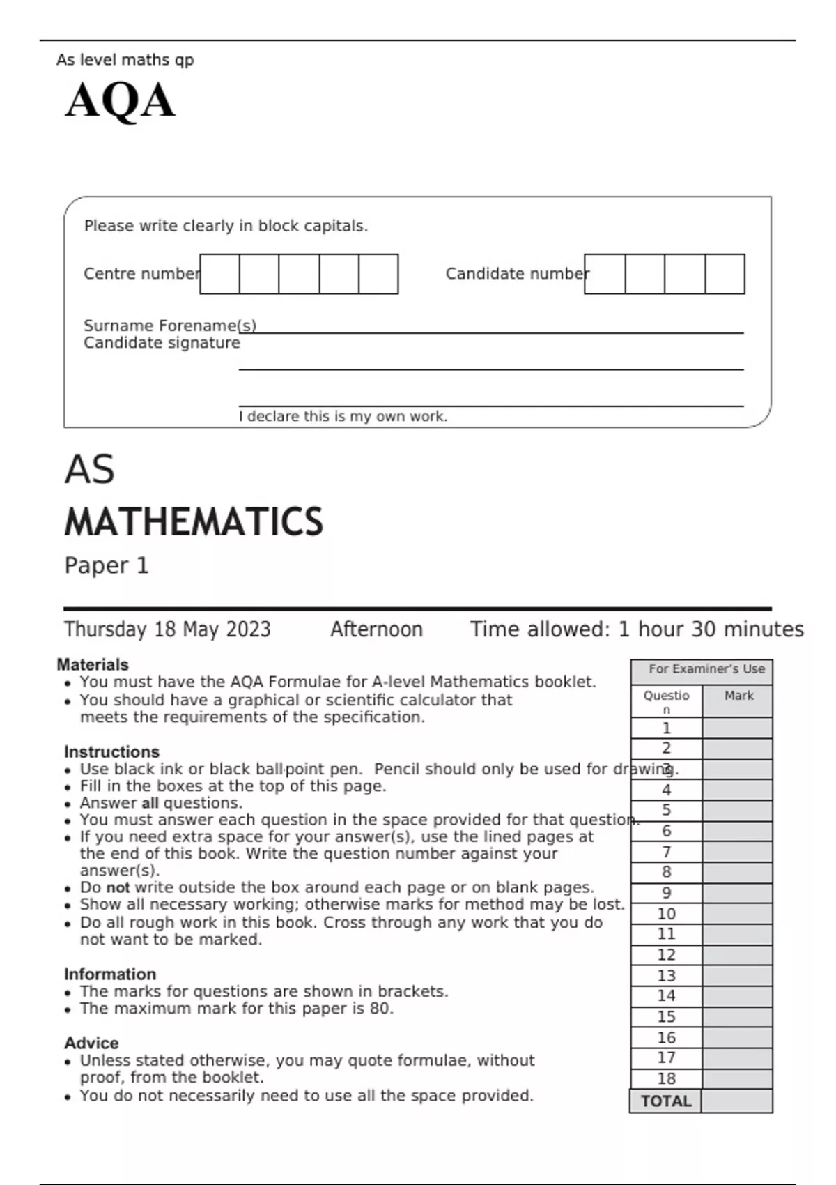 AQA AS MATHEMATICS Paper 1 and 2 JUNE 2023 QUESTION PAPERS AND MARK ...