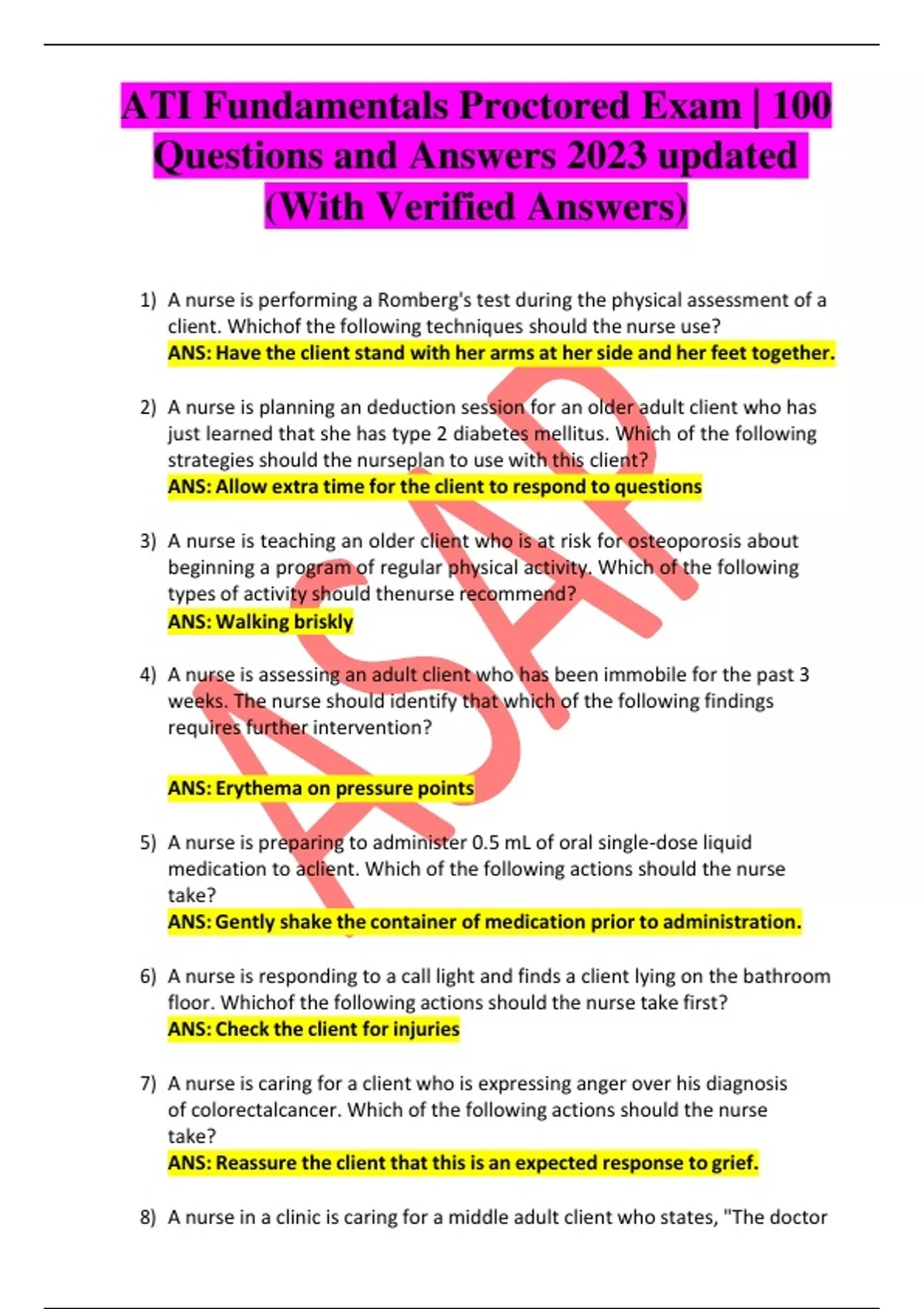 ATI Fundamentals Proctored Exam | 100 Questions and Answers 2023 ...