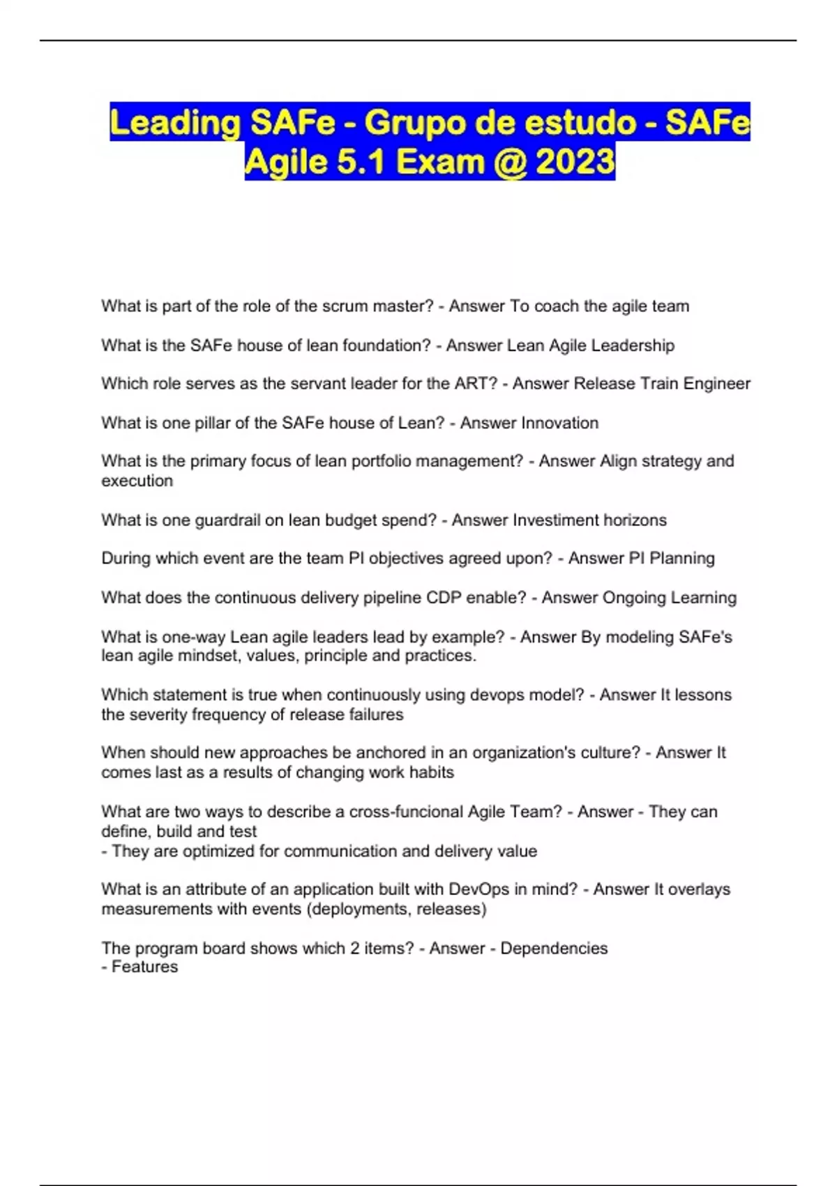 Leading SAFe - Grupo de estudo - SAFe Agile 5.1 Exam @ 2023 - Leading ...