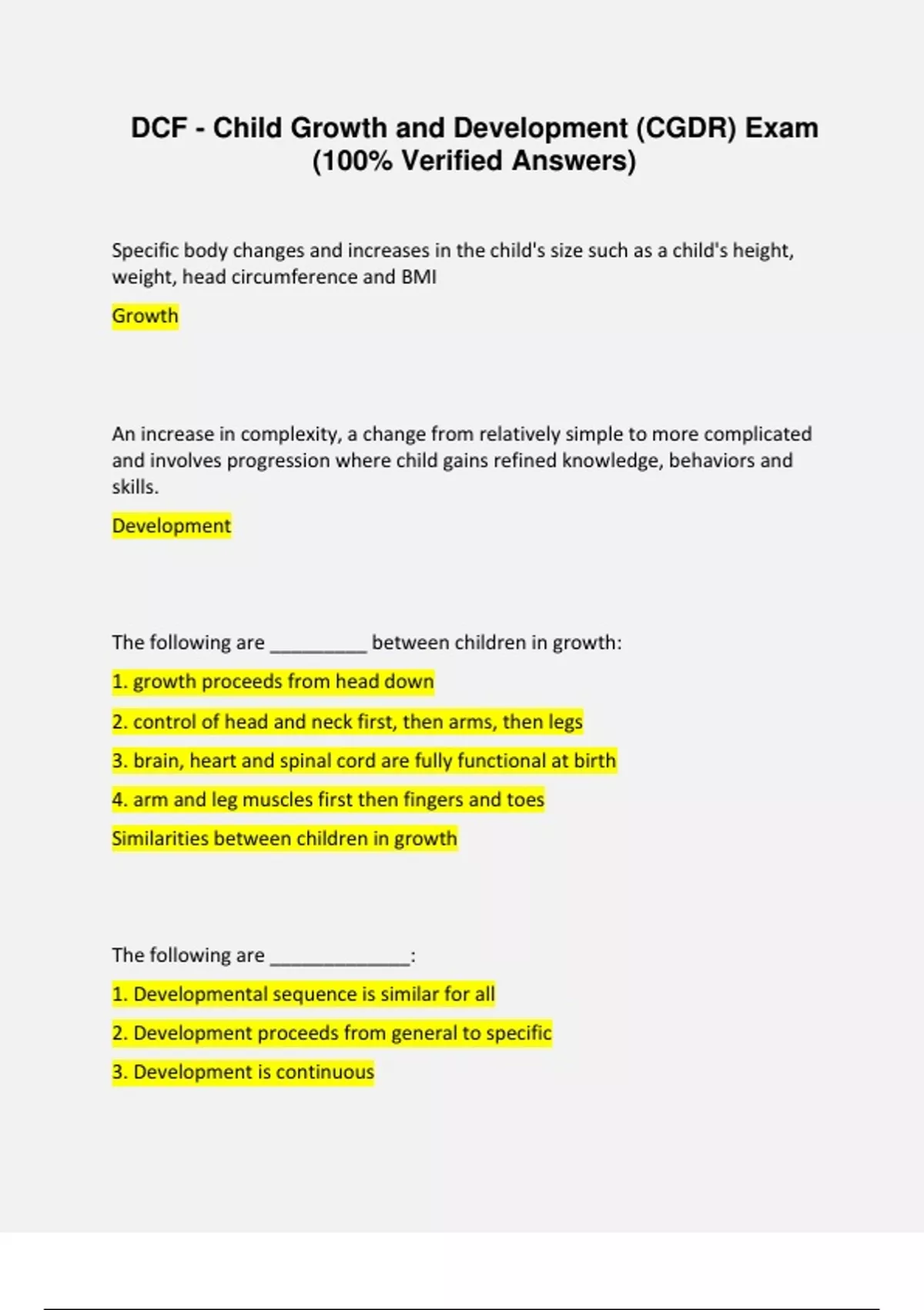 DCF - Child Growth and Development (CGDR) Exam (100% Verified Answers ...