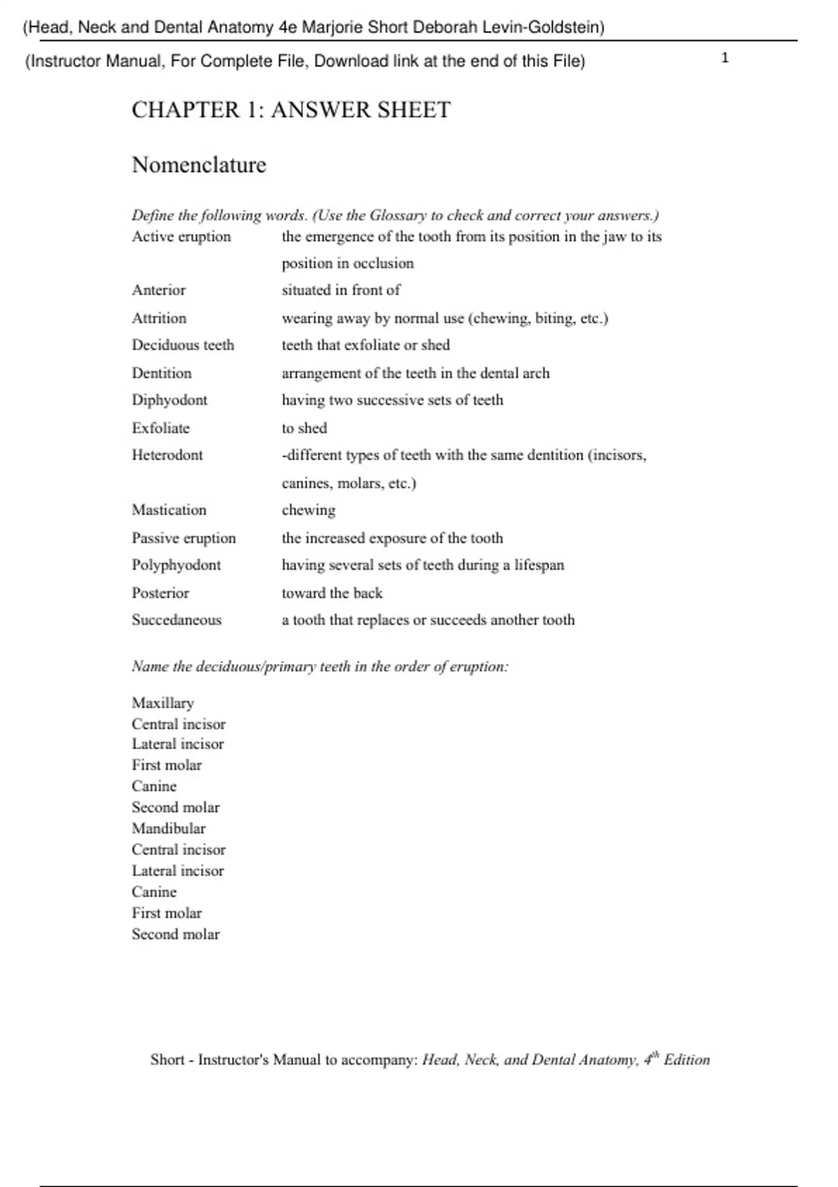 Head, Neck and Dental Anatomy 4th Edition By Marjorie Short Deborah ...