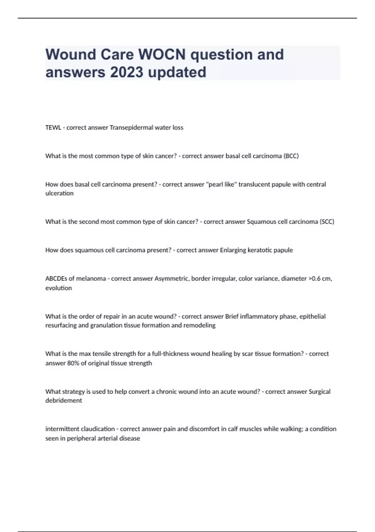 Wound Care WOCN question and answers 2023 updated - CWOCN - Stuvia US