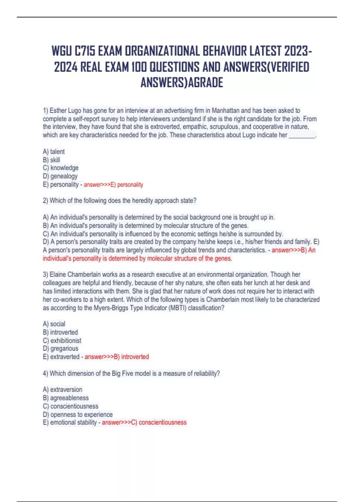 WGU C715 EXAM ORGANIZATIONAL BEHAVIOR LATEST REAL EXAM 100 QUESTIONS ...