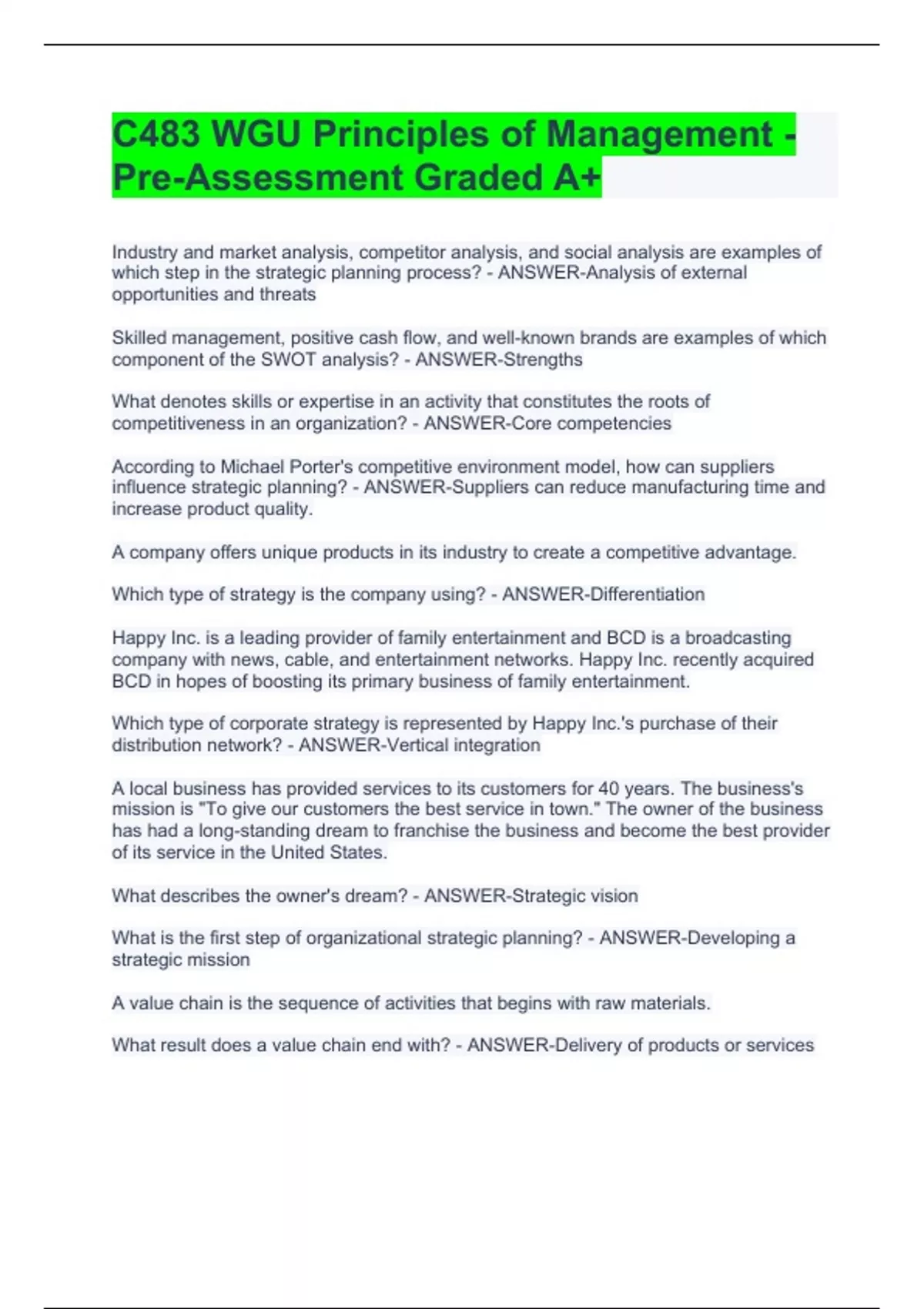 C483 WGU Principles of Management - Pre-Assessment Graded A+ - C483 WGU ...