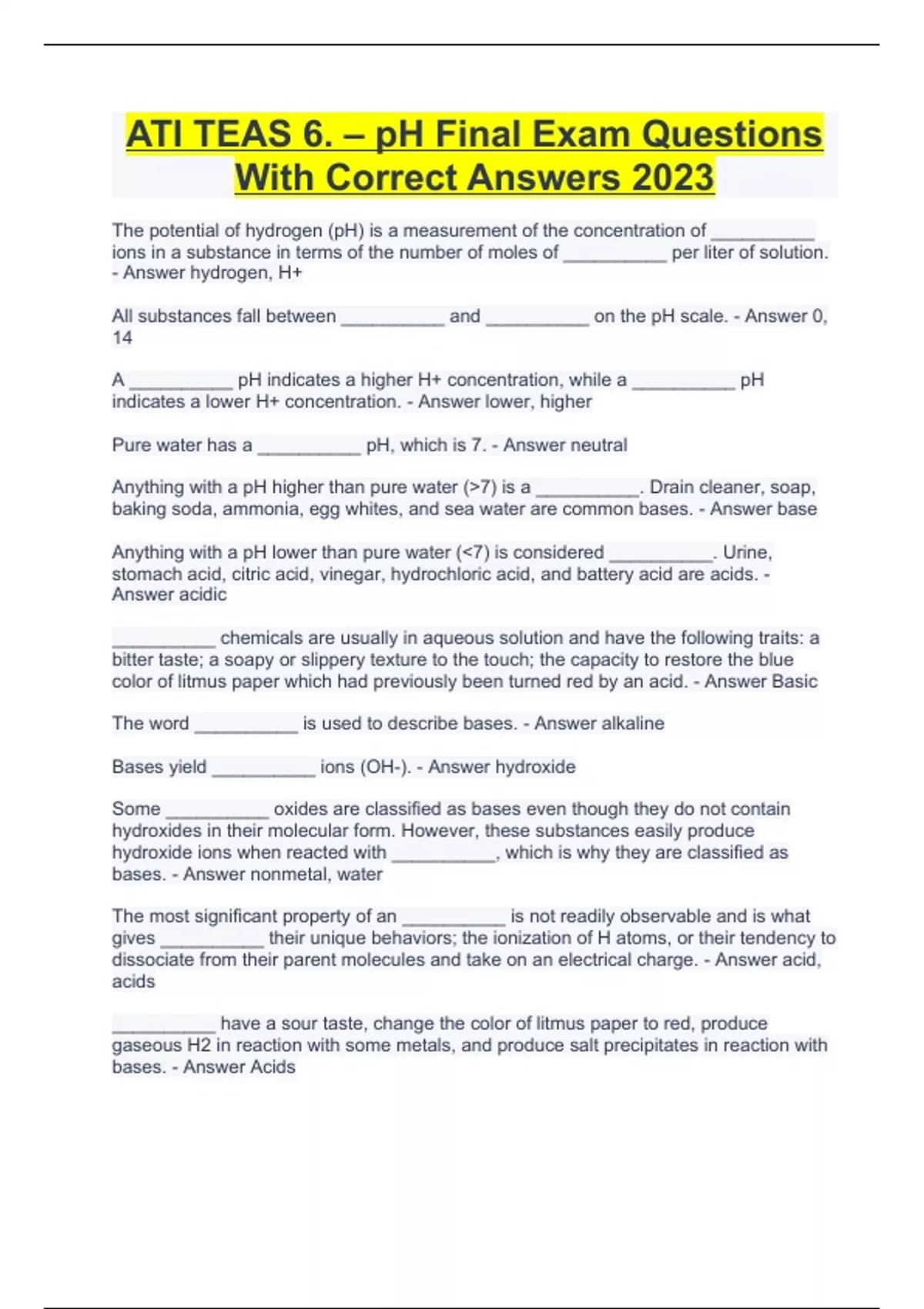 ATI TEAS 6. – pH Final Exam Questions With Correct Answers 2023 - ATI ...