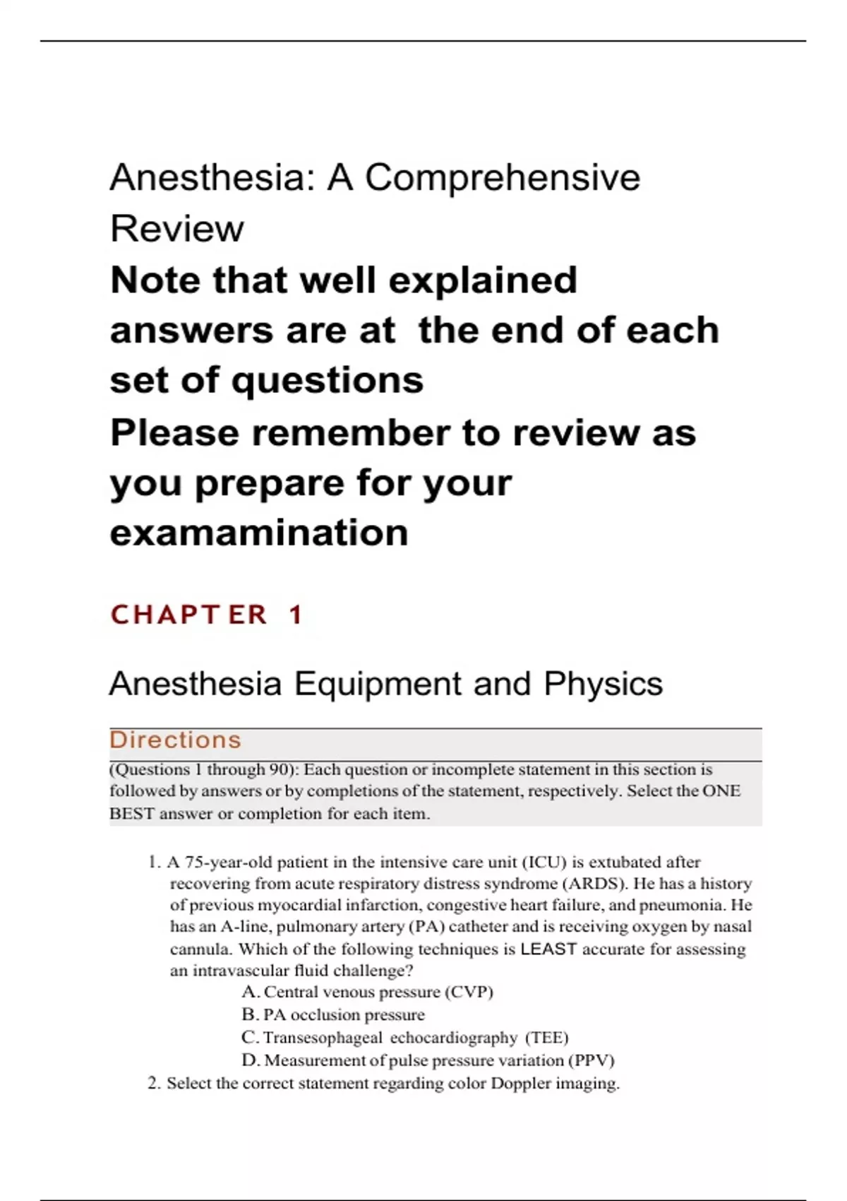 Summary Anesthesia Comprehensive Review 2023 to 2024 - Medical surgical ...