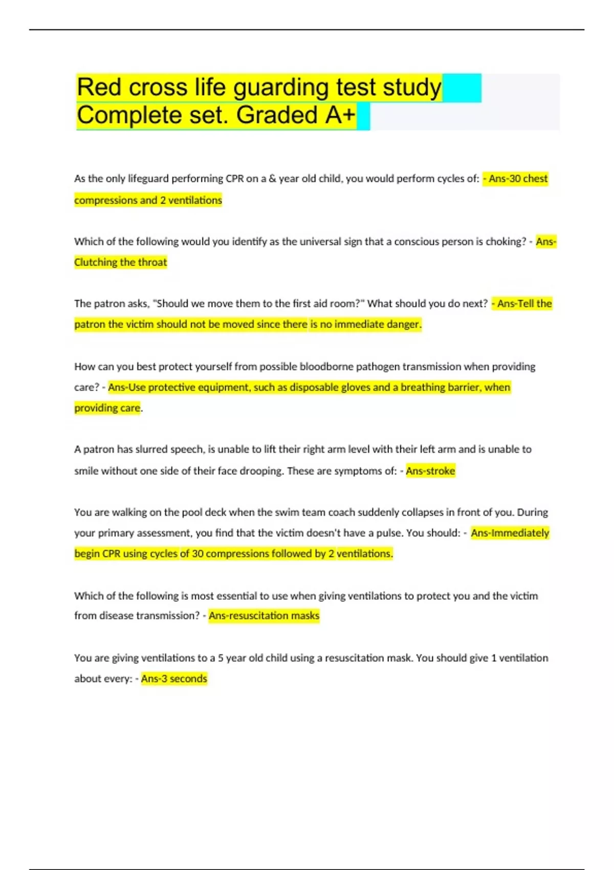 Red cross life guarding test study Complete set. Graded A+| 2023/2024 ...