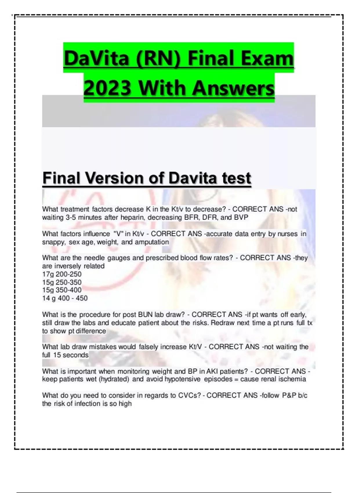 DaVita (RN) Final Exam 2023 With Answers - DaVita Fi - Stuvia US