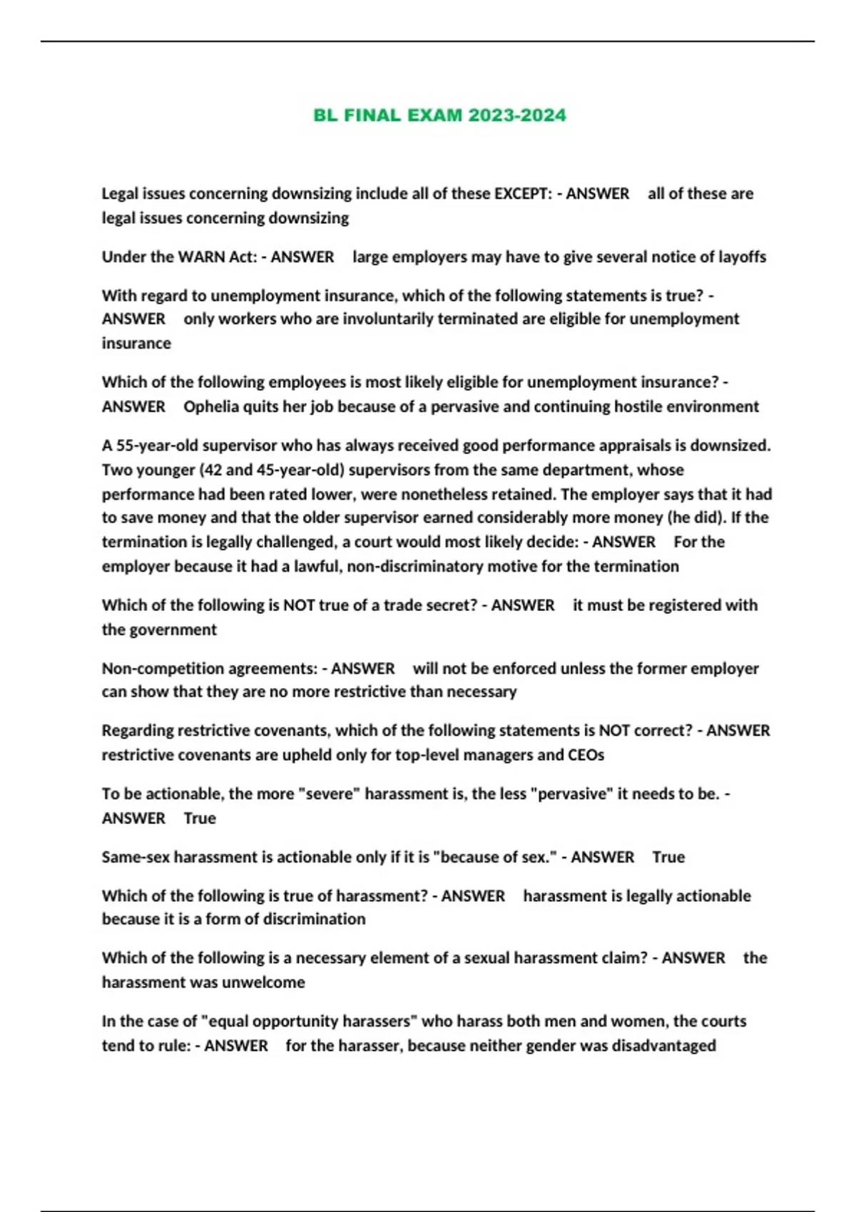 BL FINAL EXAM - BL - Stuvia US
