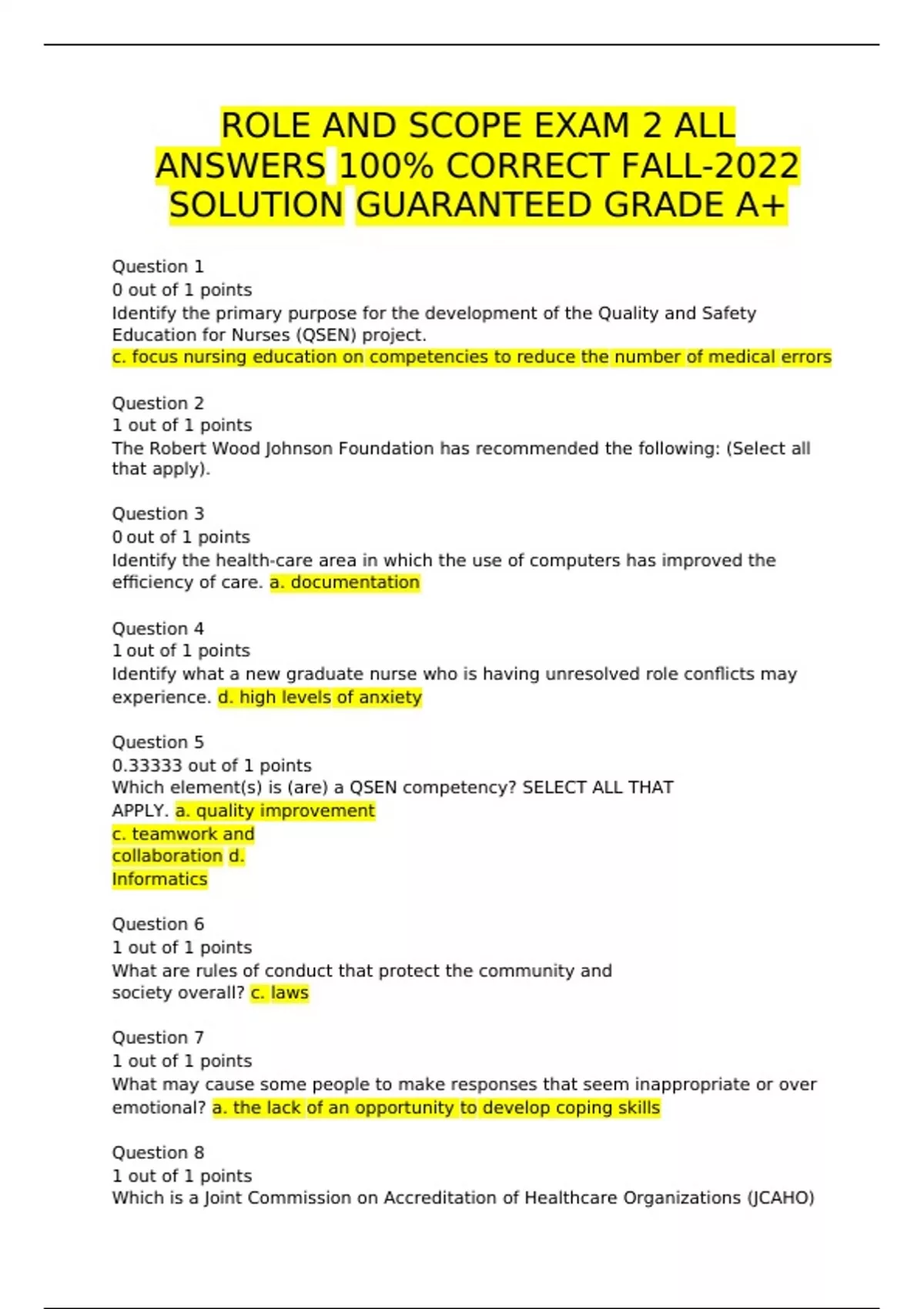 ROLE AND SCOPE EXAM 2 ALL ANSWERS 100% CORRECT FALL-2022 SOLUTION ...