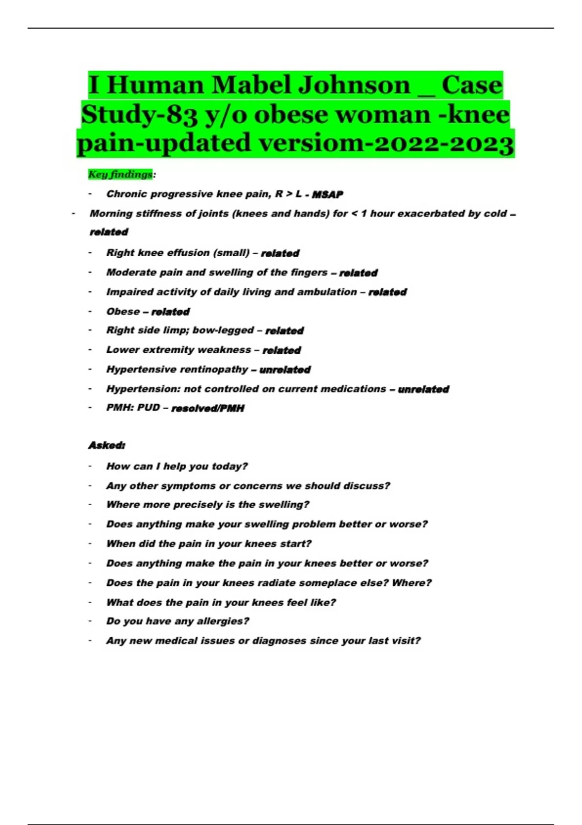 I Human Mabel Johnson _ Case Study-83 y/o obese woman -knee pain ...