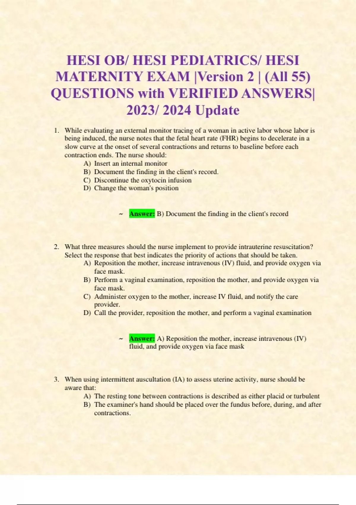 HESI OB/ HESI PEDIATRICS/ HESI MATERNITY EXAM |Version 2 | (All 55 ...