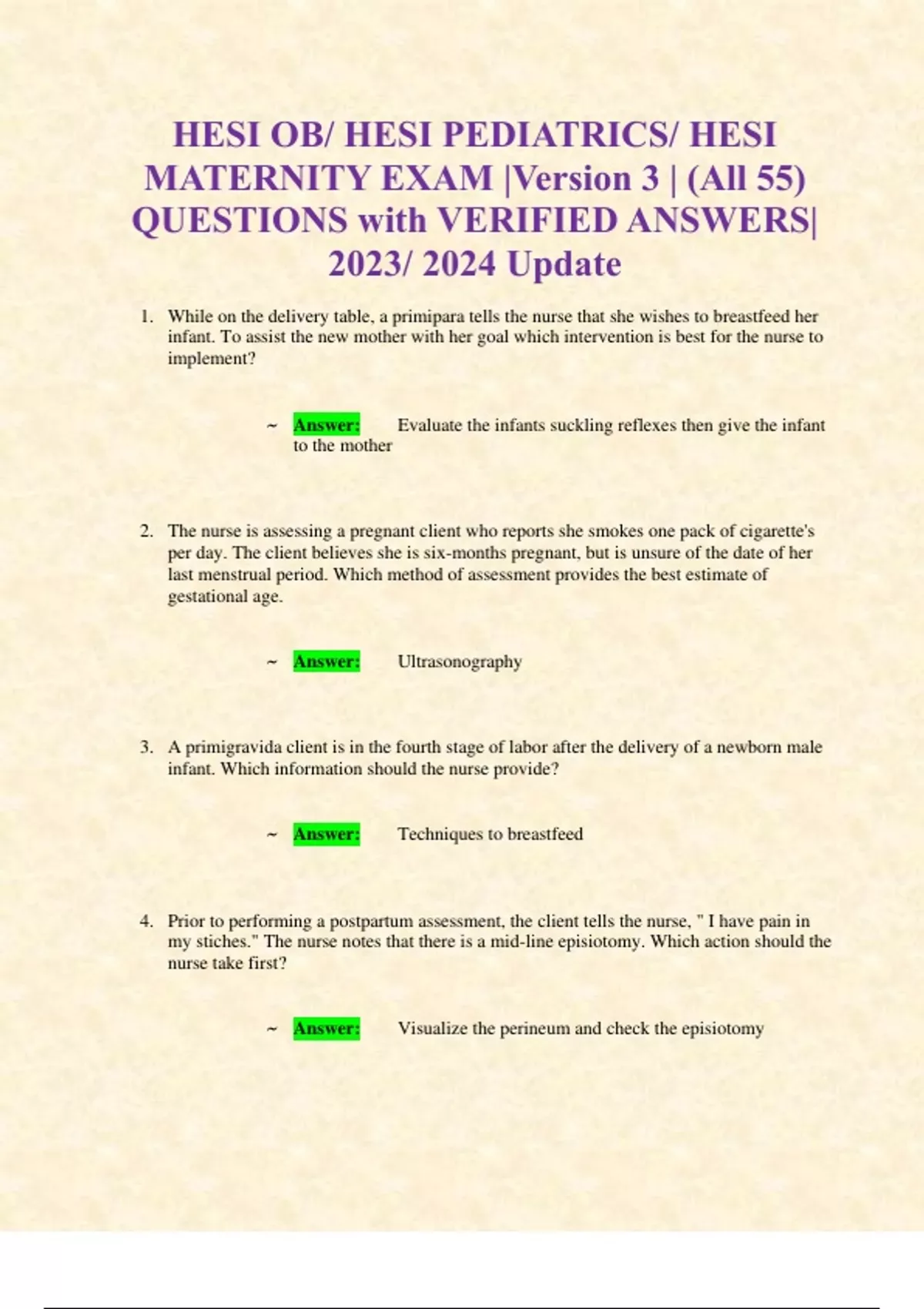 HESI OB/ HESI PEDIATRICS/ HESI MATERNITY EXAM |Version 3 | (All 55 ...